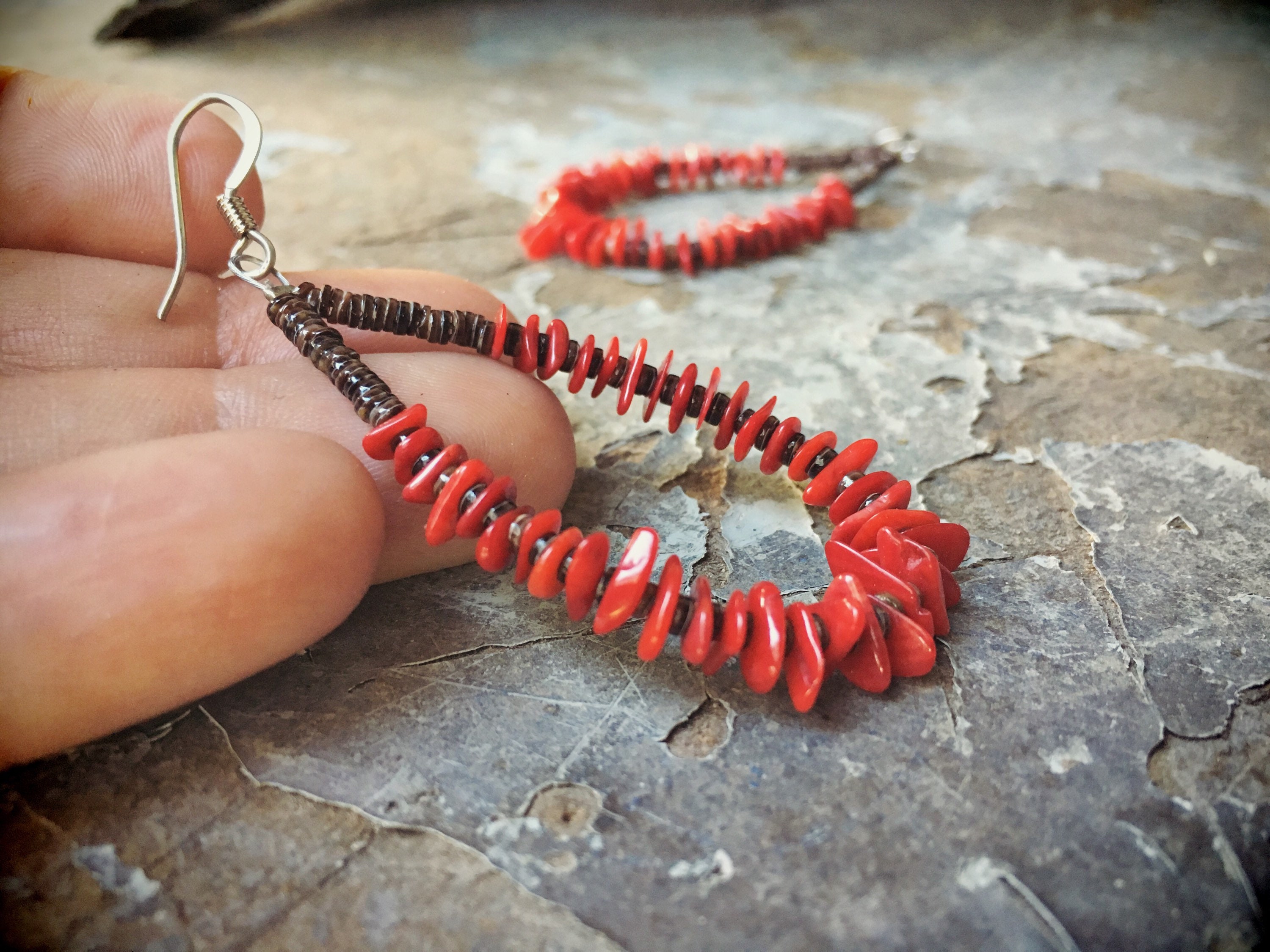 Chip Coral and Heishi Hoop Earrings for Women, Native American Indian ...