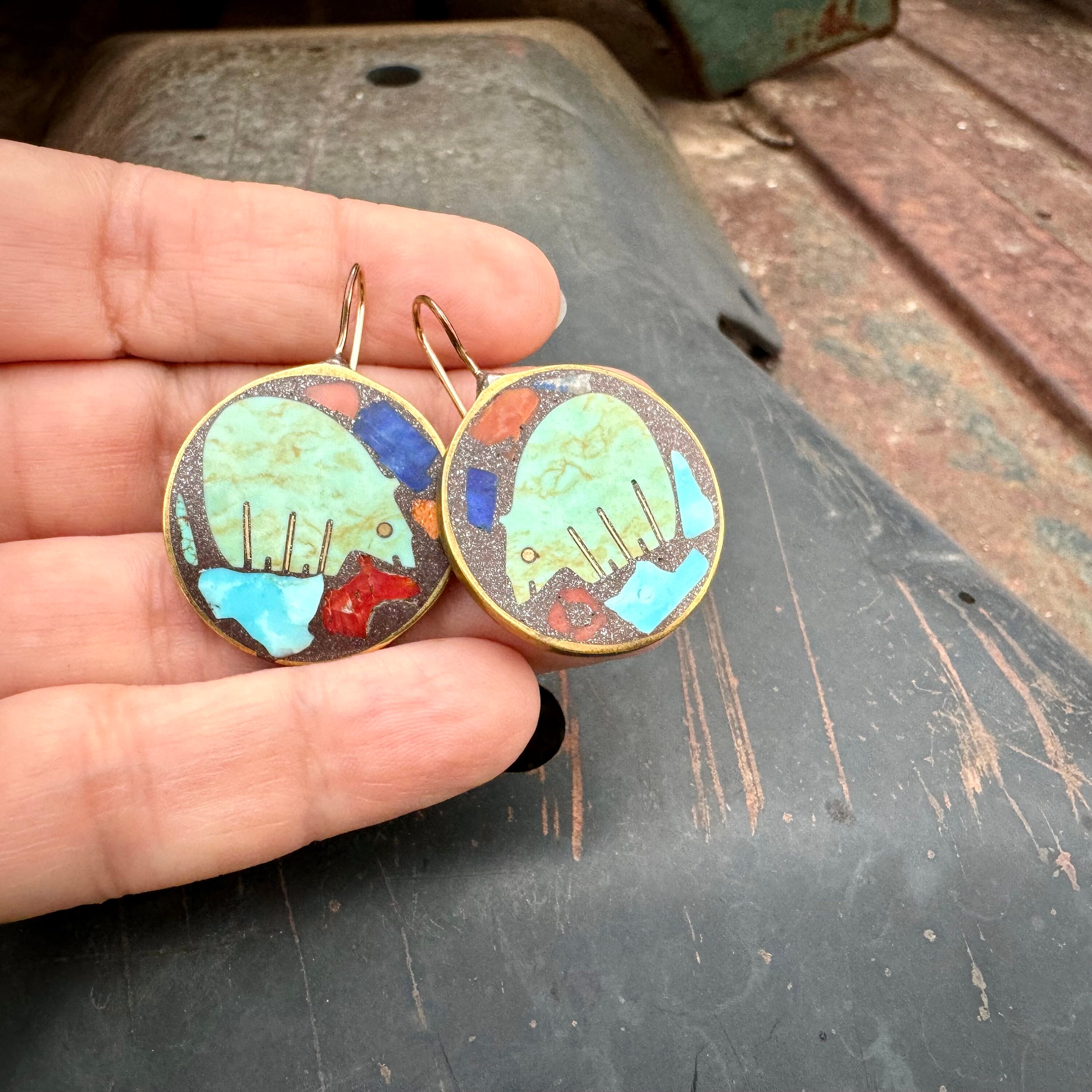 Vintage Shows Studio Multi-Stone Turquoise Bear Inlay on Brass Earrings ...