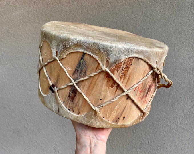 Vintage Signed Taos Pueblo Drum, Hollowed Log With Double-sided Hide ...