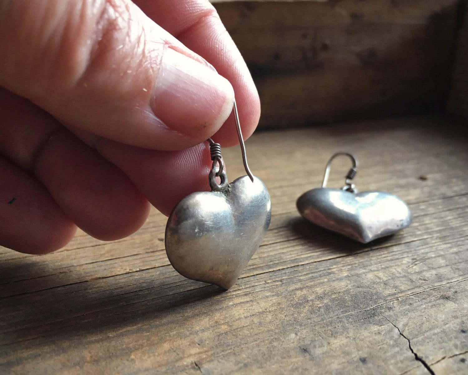 Vintage 925 sterling silver puffy heart dangle earrings, Mexican silver ...