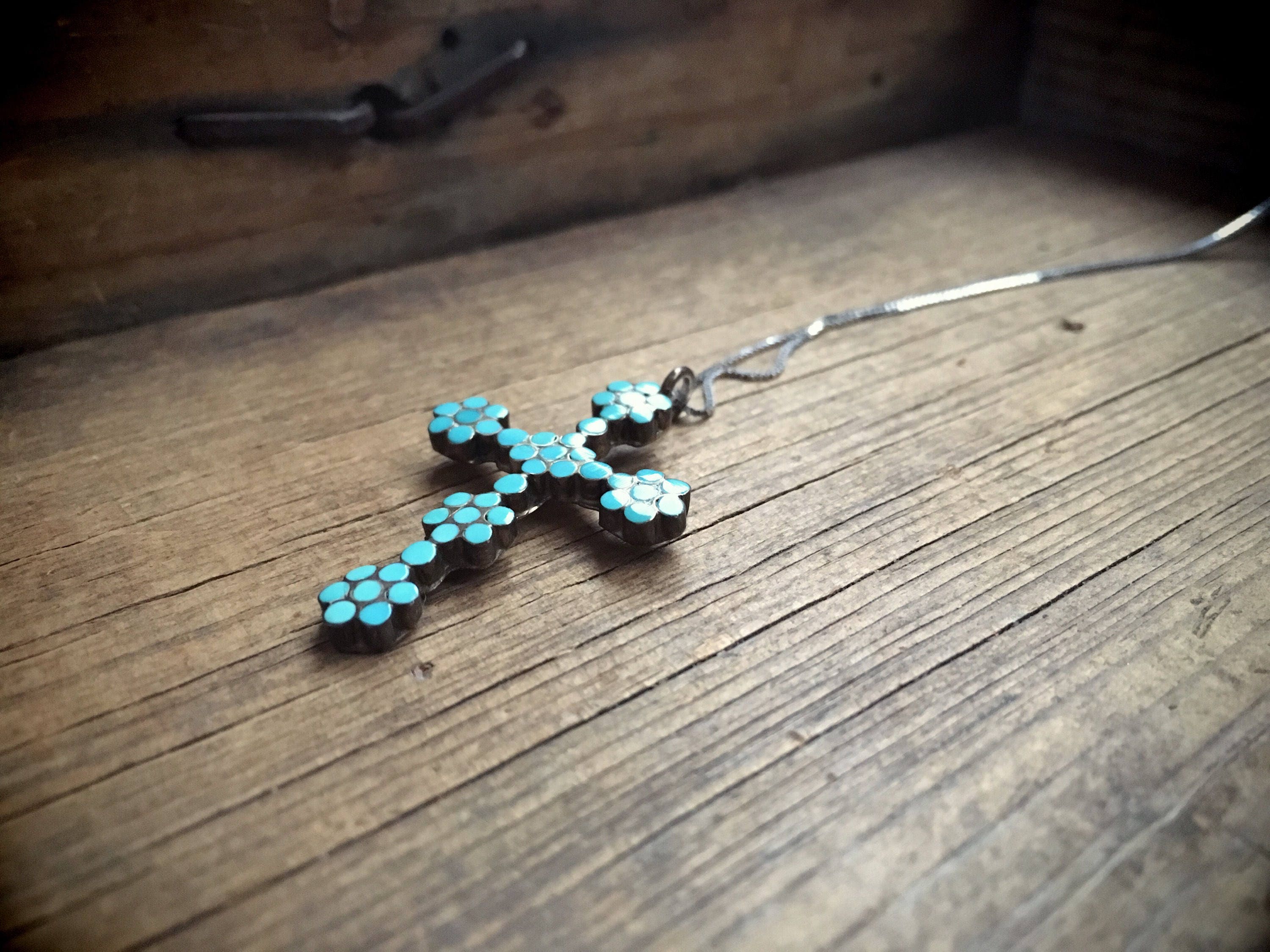 Vintage Turquoise Cross Pendant Channel Inlay, Native America Indian ...