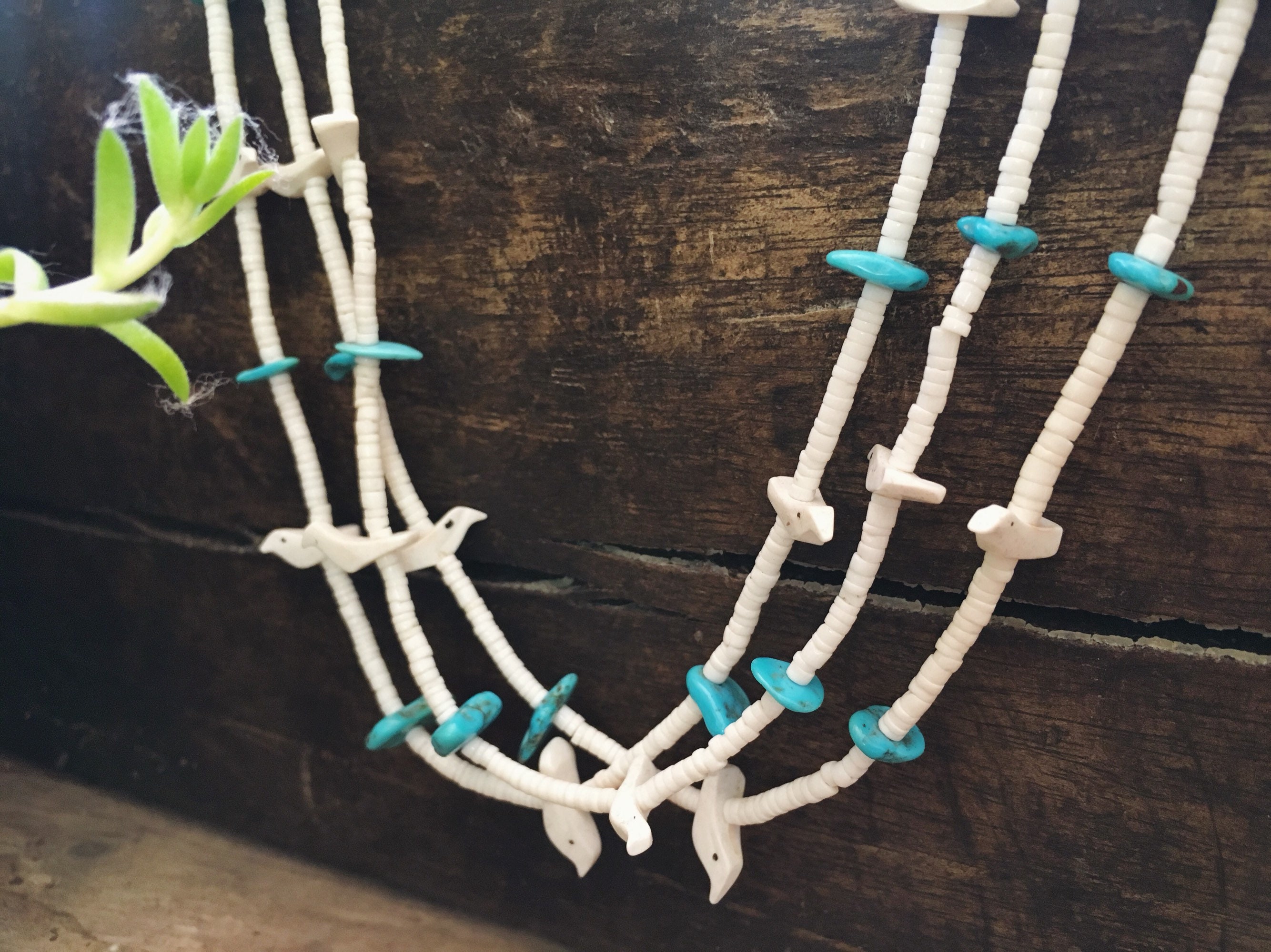 Three Strand White Alabaster Turquoise Bird Fetish Heishi Necklace ...