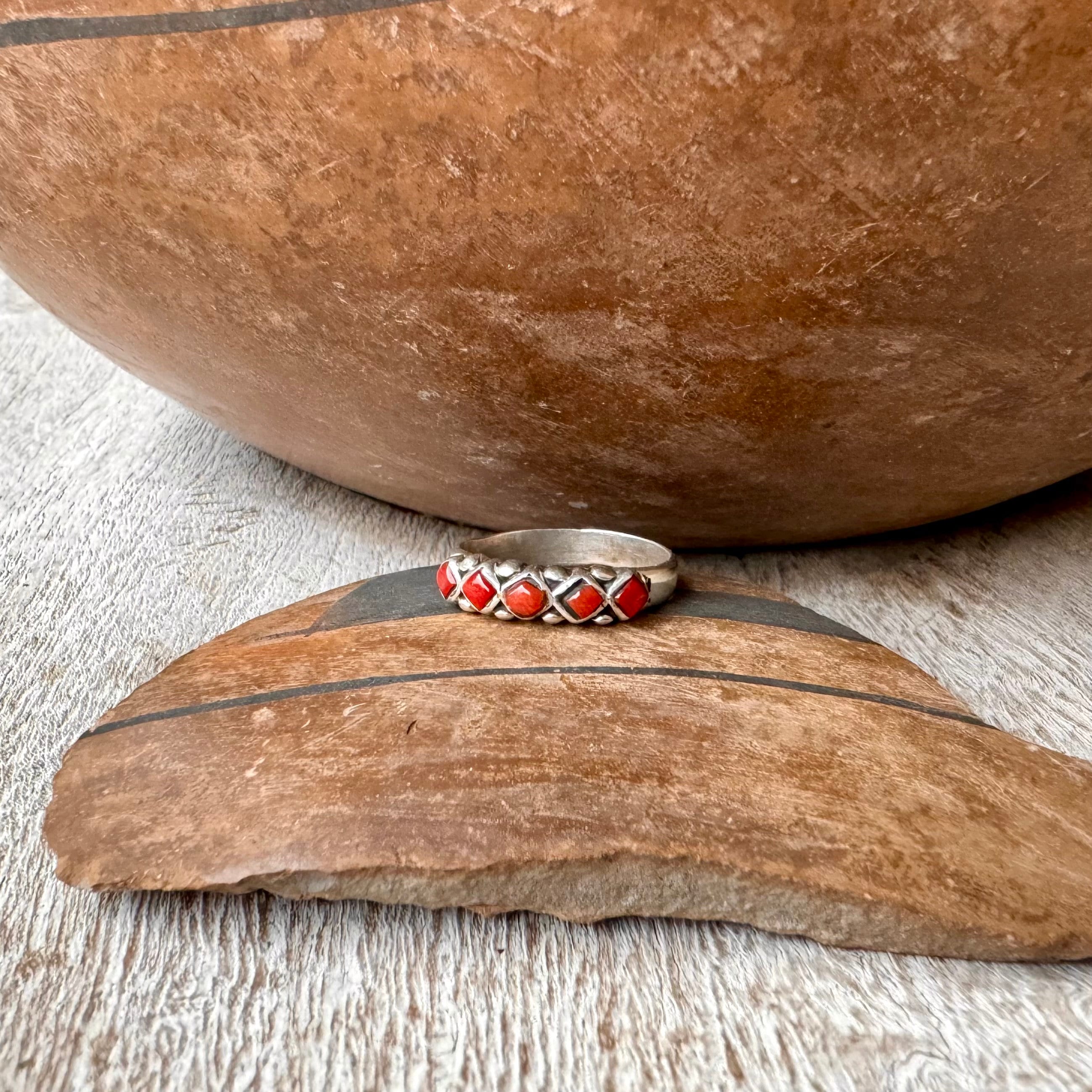 Narrow and Dainty Sterling Silver and Coral Snake Eye Band Ring Size 6. ...