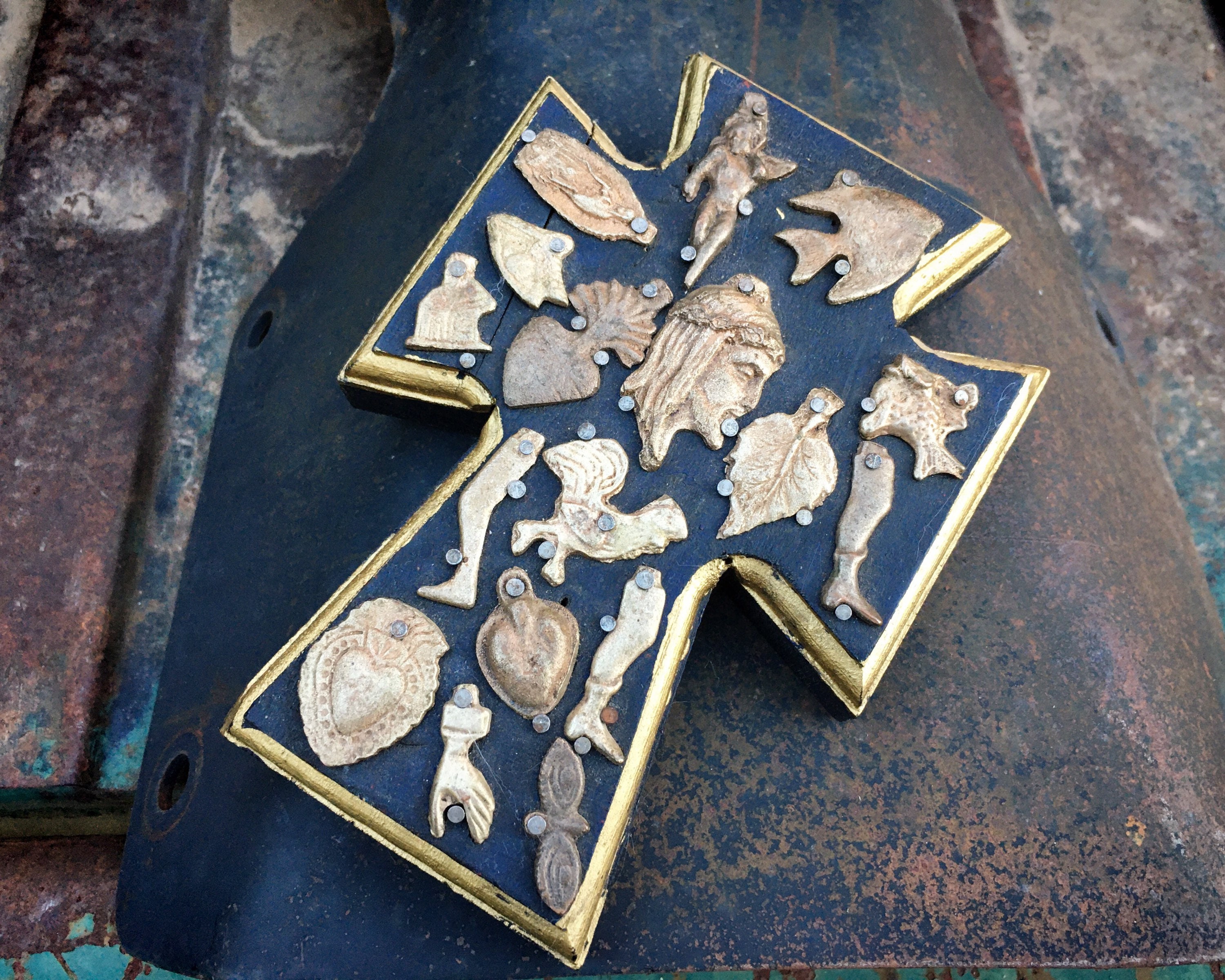 Small Mexican Milagro Wall Cross with Milagros Amulets, Lucky Charm ...