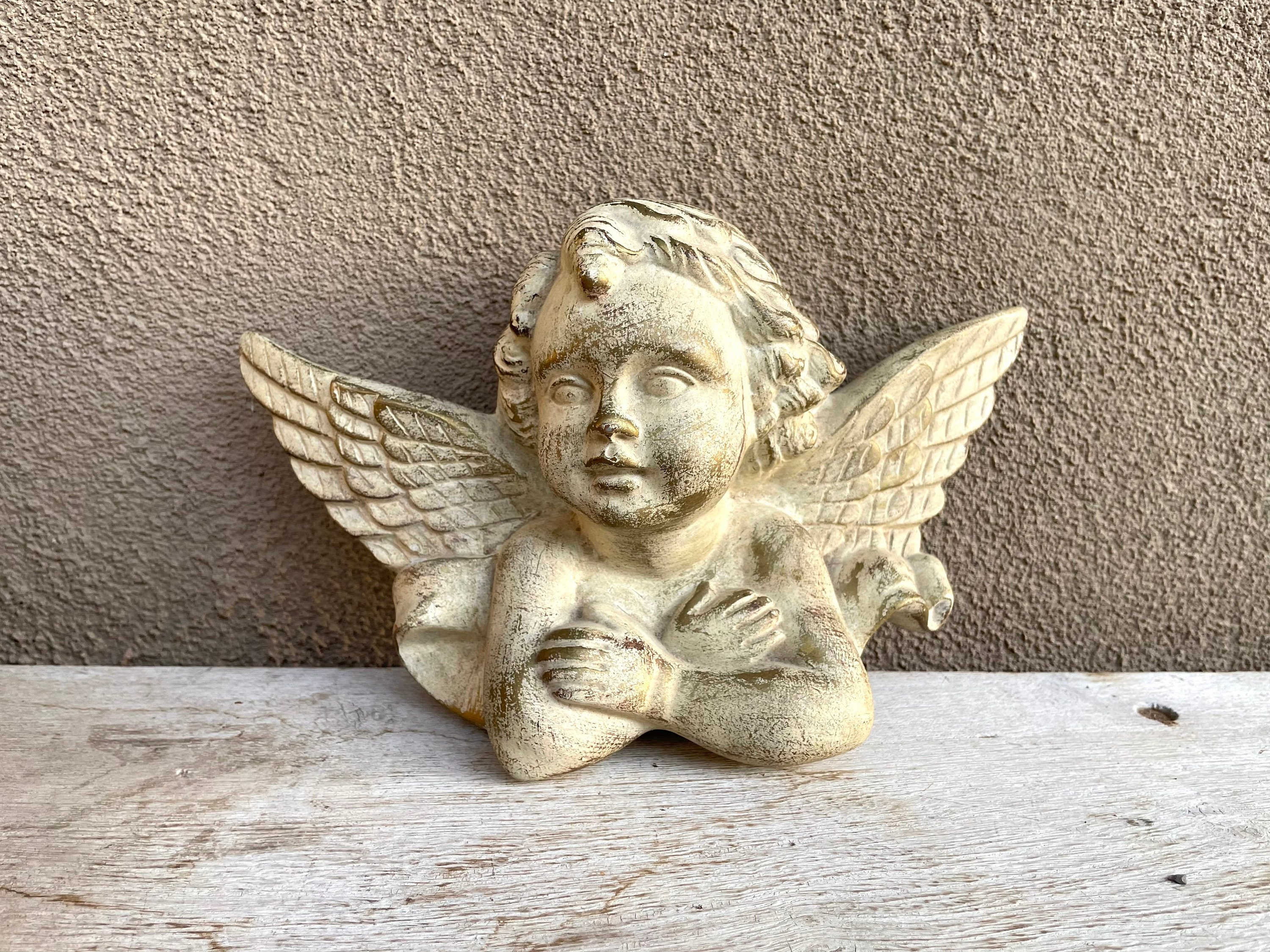 Vintage Resin Angel Wall Hanging Distressed Gold Paint, Faux Wood Look ...