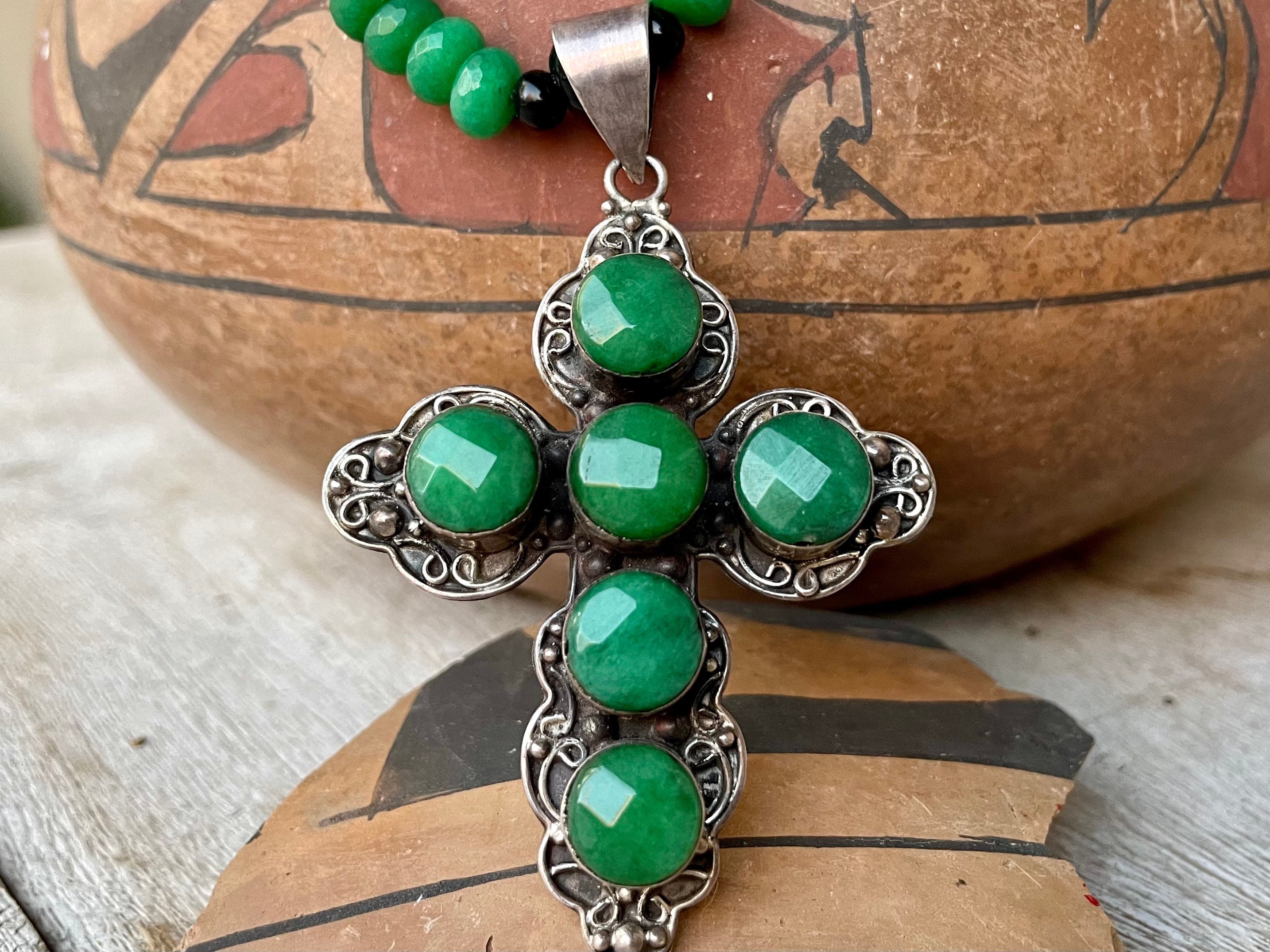 Vintage Green Beryl Sterling Silver Cross Pendant with Beryl Bead ...