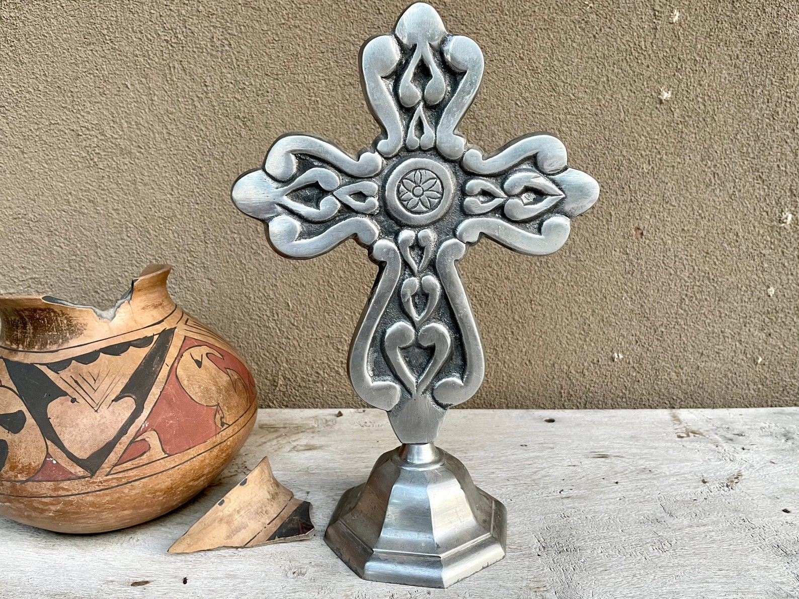 14 Tall Mexican Pewter Metal Cross on Stand Table Top | Etsy
