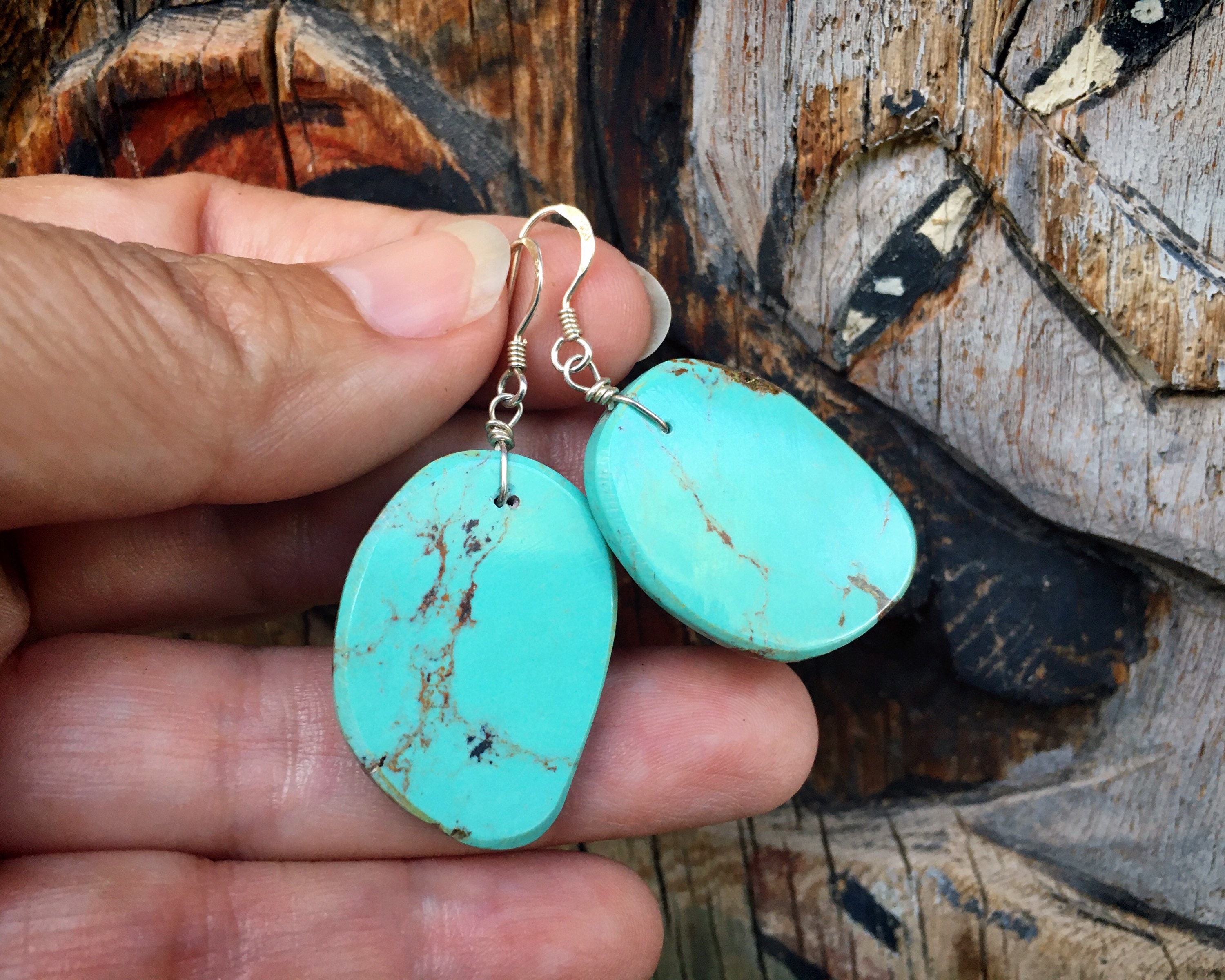 Thin Slab Turquoise Earrings for Women, Native American Indian Jewelry ...