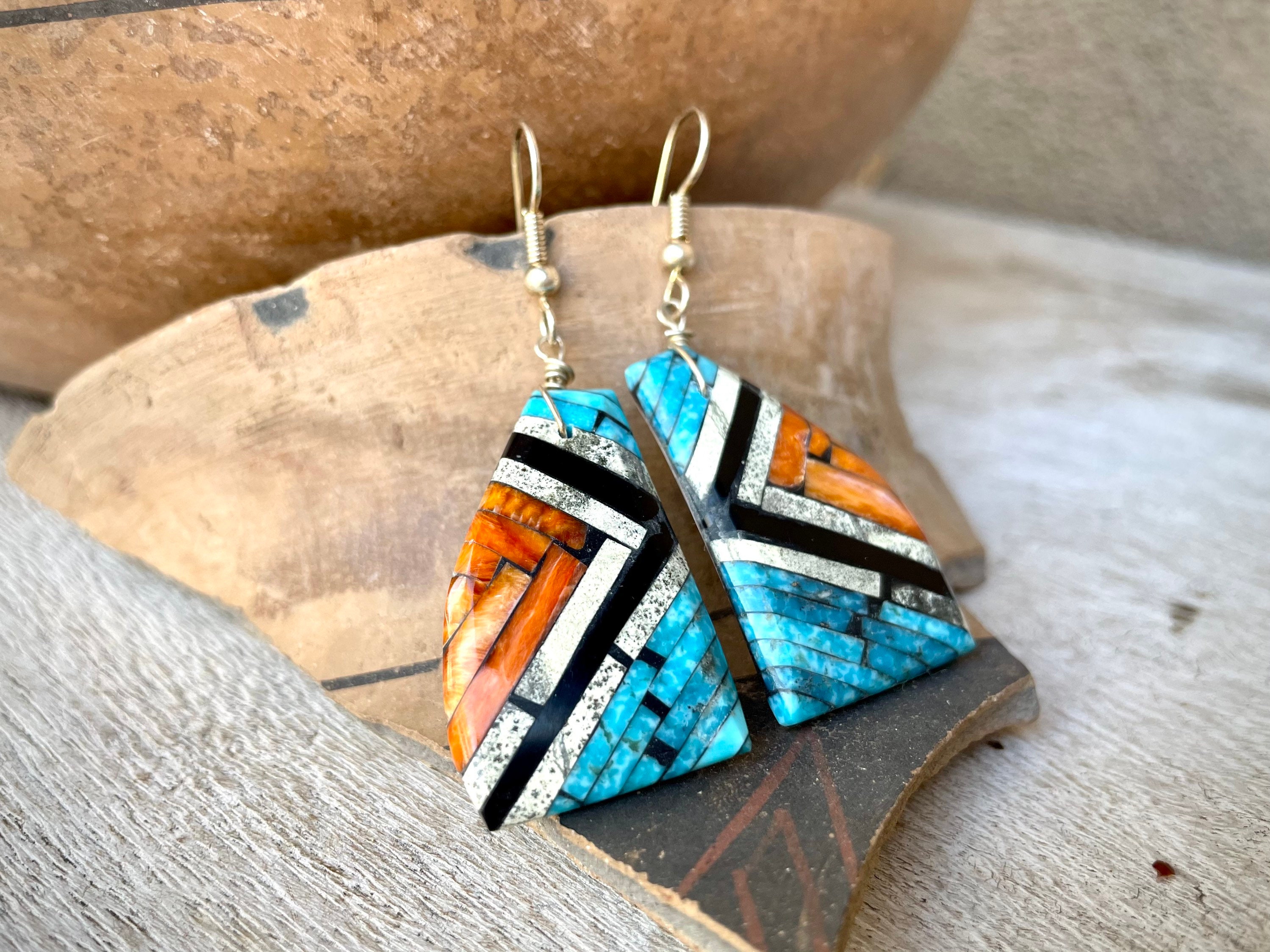 Turquoise Spiny Oyster Onyx Shell Slab Inlay Earrings, Santo Domingo ...