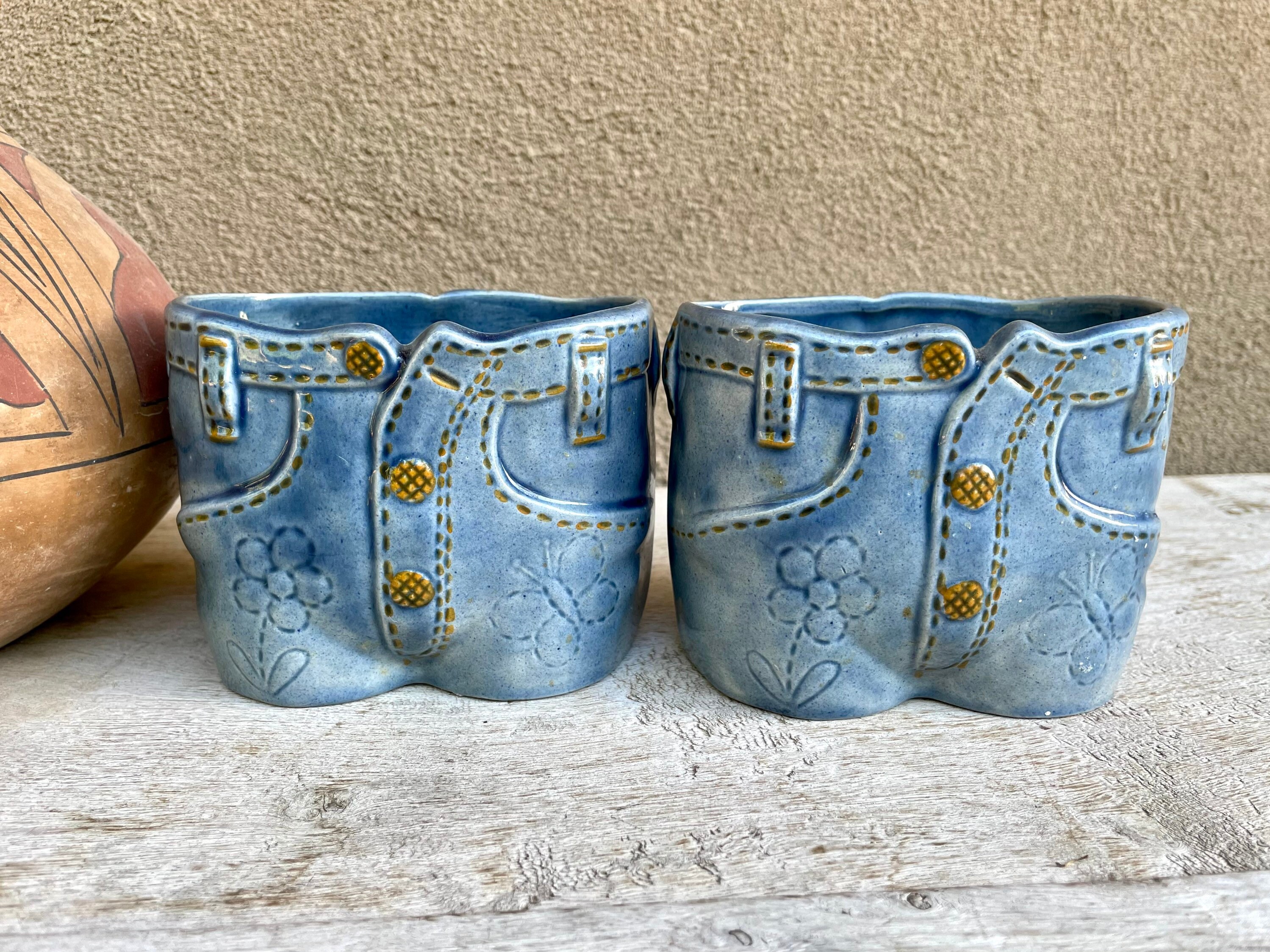 Pair of 1970s Denim Jean Ceramic Planter Vase or Pencil Holders, Retro ...