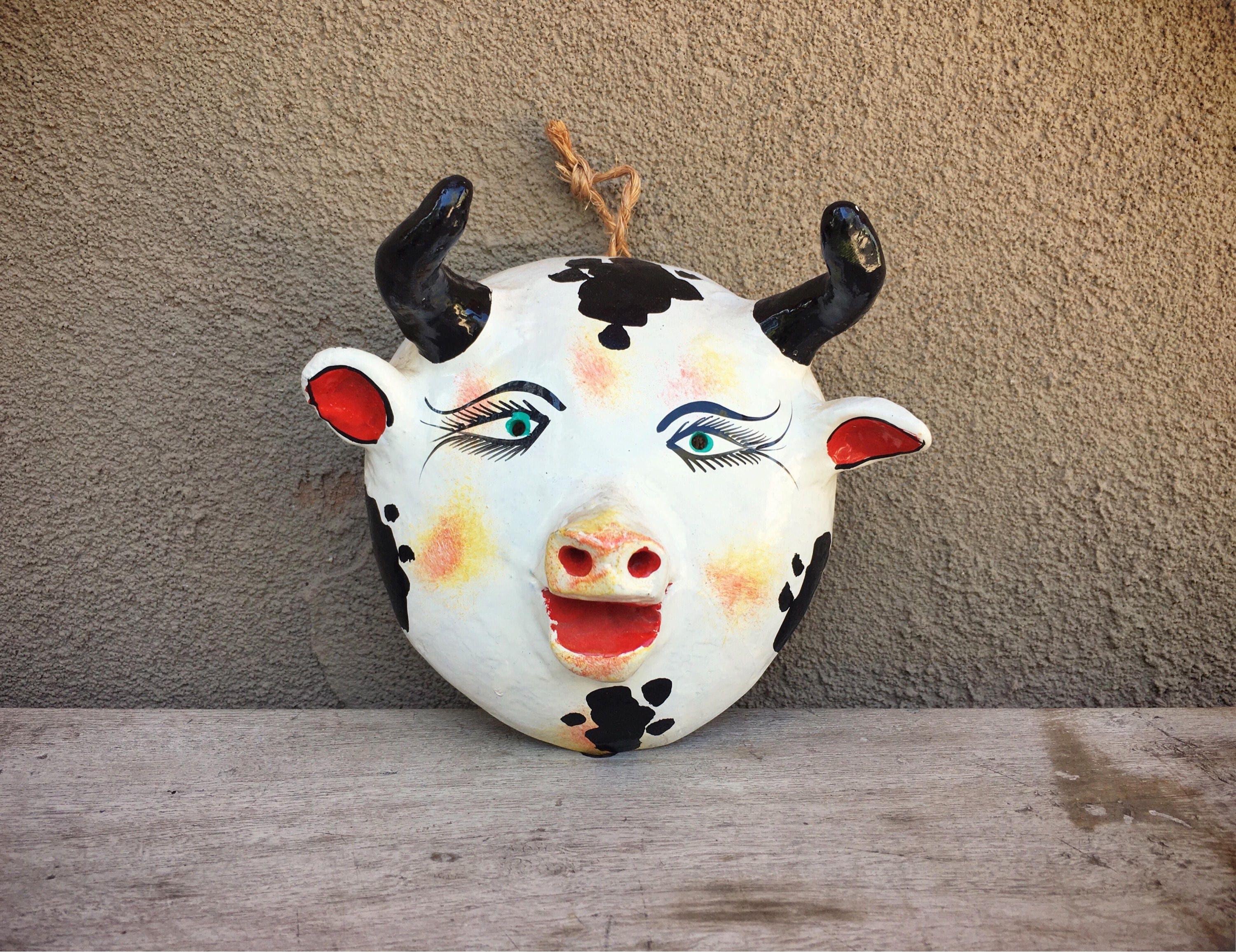 Vintage Mexican folk art bull mask made with coconut shell hand-painted ...