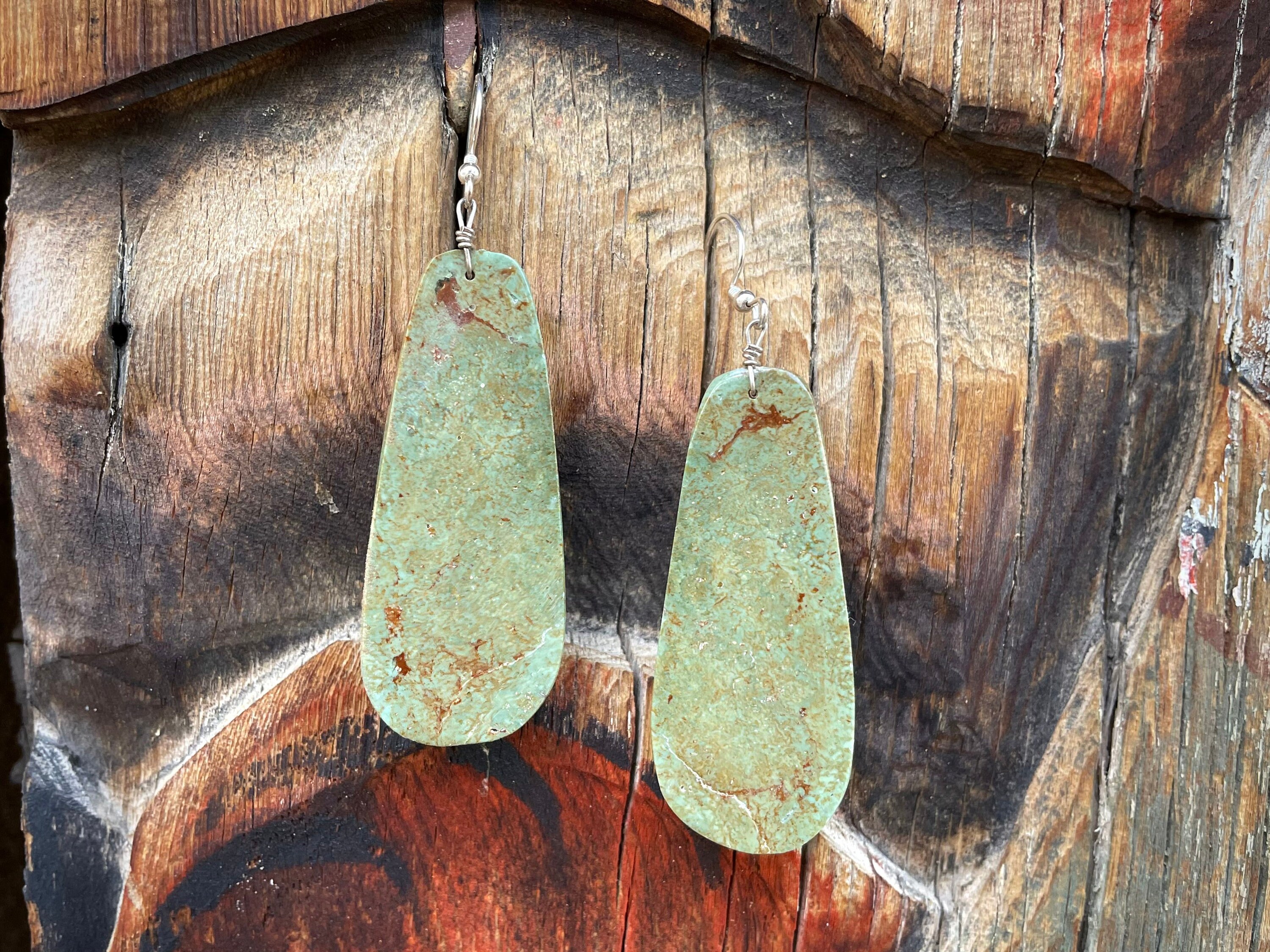2 Long Green Turquoise Slab Earrings, Santo Domingo Pueblo Native ...