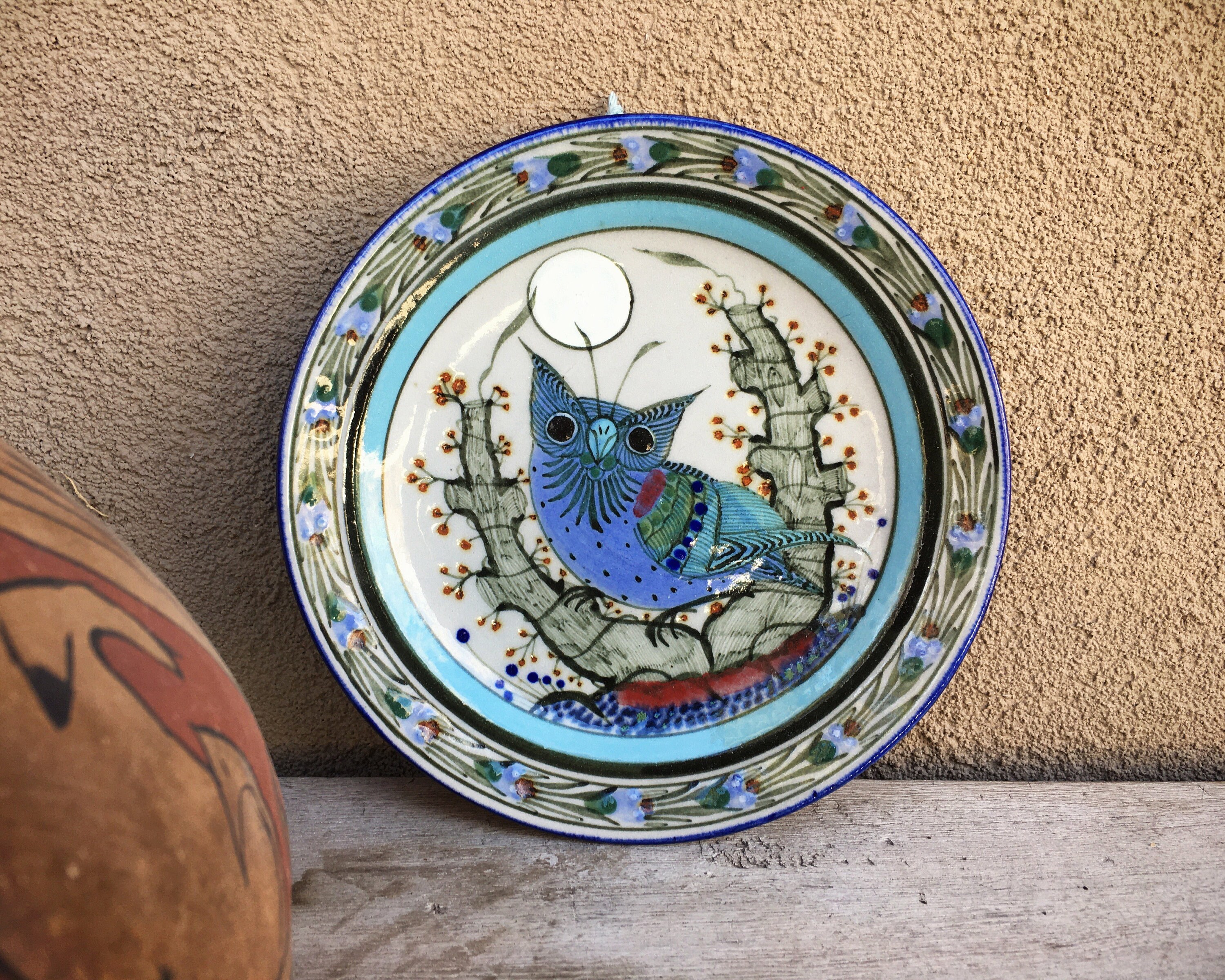 Signed Ken Edwards Pottery 7 Plate with Blue Horned Owl Design, El ...
