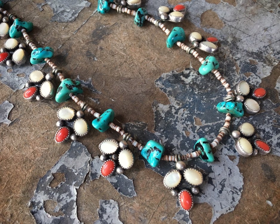 Vintage Long Native American Indian Necklace with Mother of Pearl Coral ...