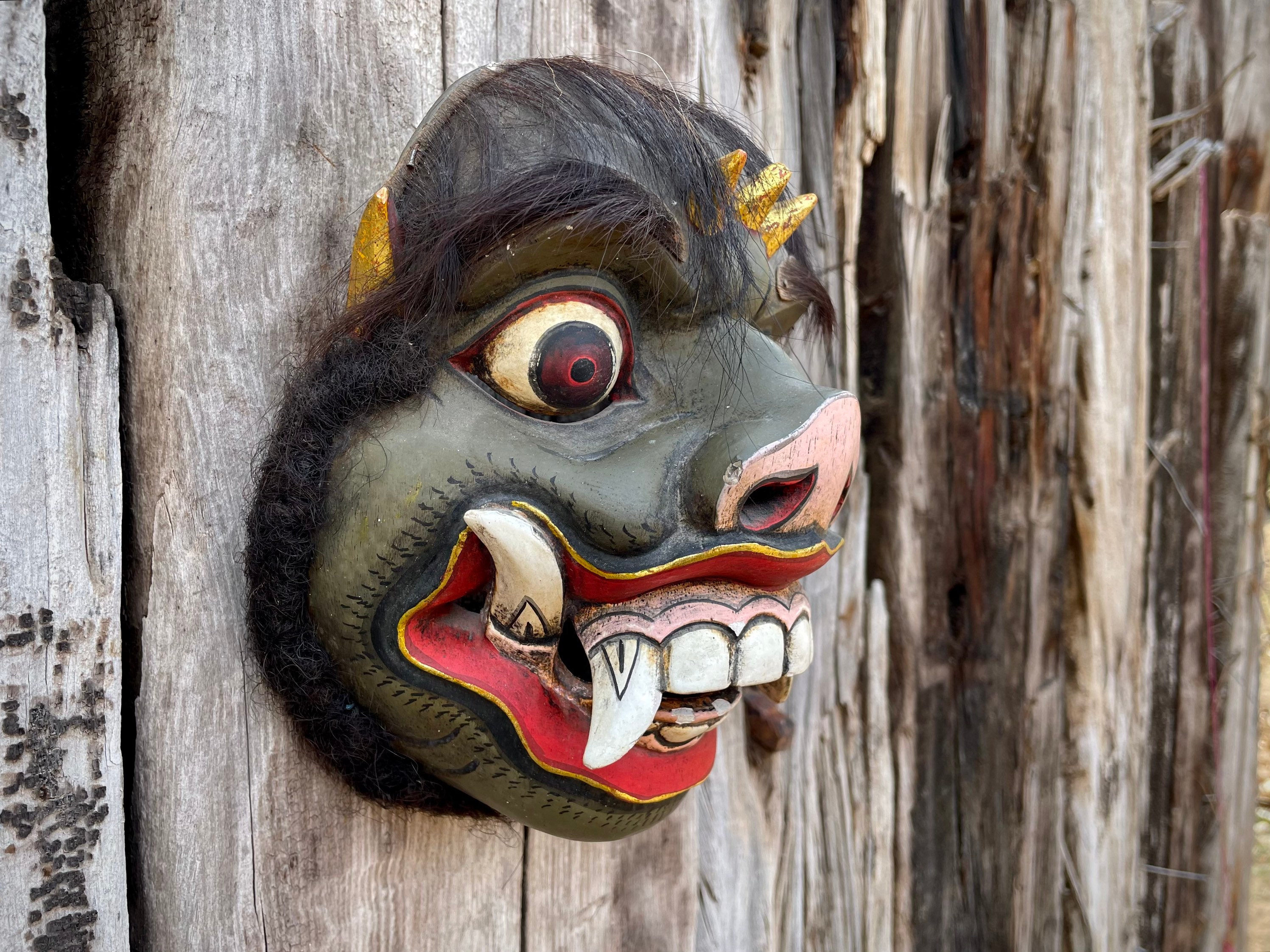 Vintage Carved Painted Balinese Wood Mask Barong Bangkal Boar w/ Hair ...