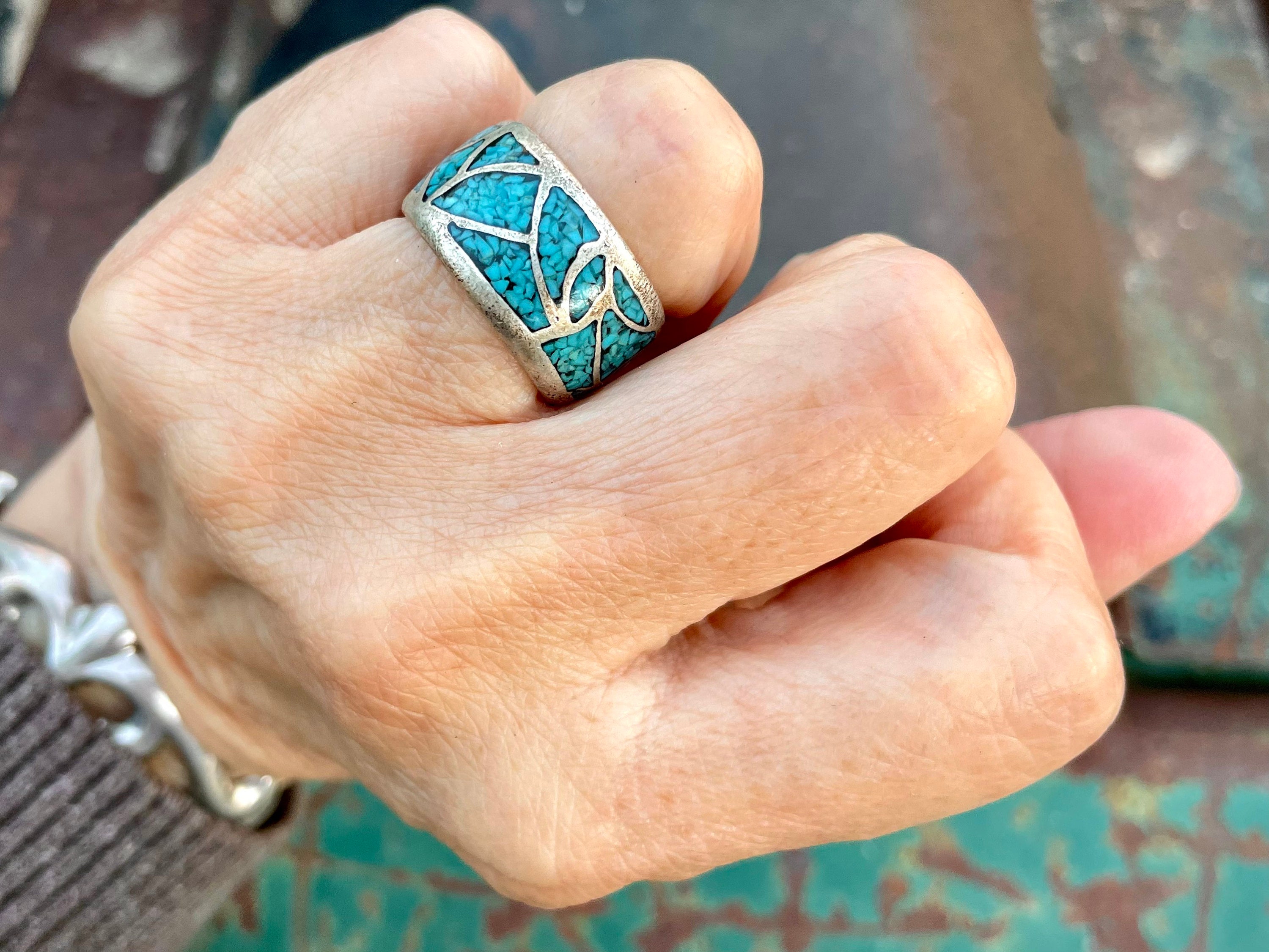 Vintage Sterling Silver Crushed Turquoise Inlay Band Approx Size 7.5 ...