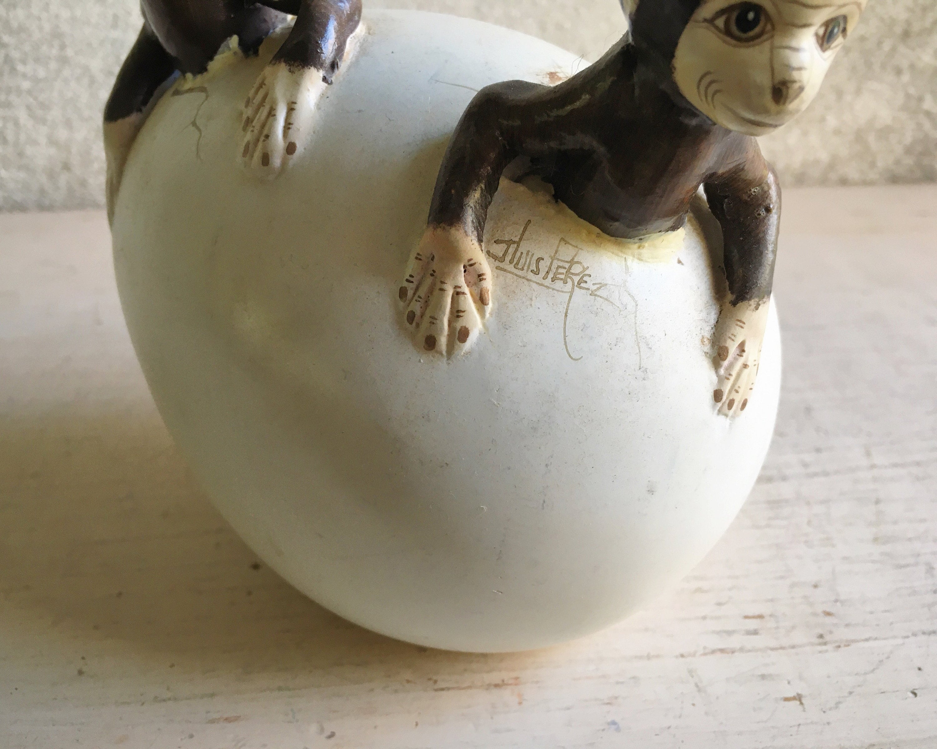 Mexican Pottery Art Sculpture of Monkey Emerging from Egg in Style of ...
