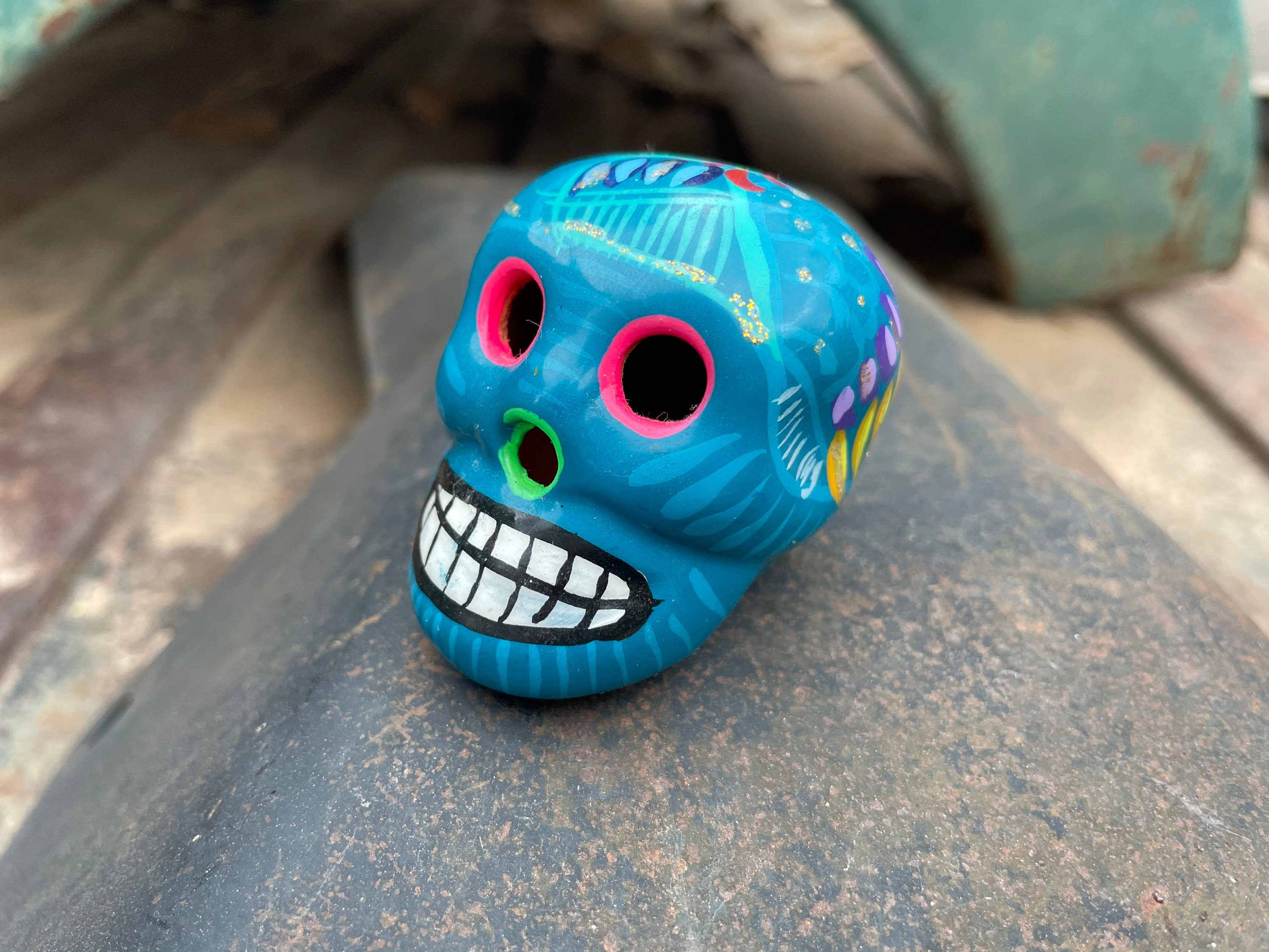 Very Small Colorful Ceramic Skull Day of the Dead Figurine, Cool Desk ...