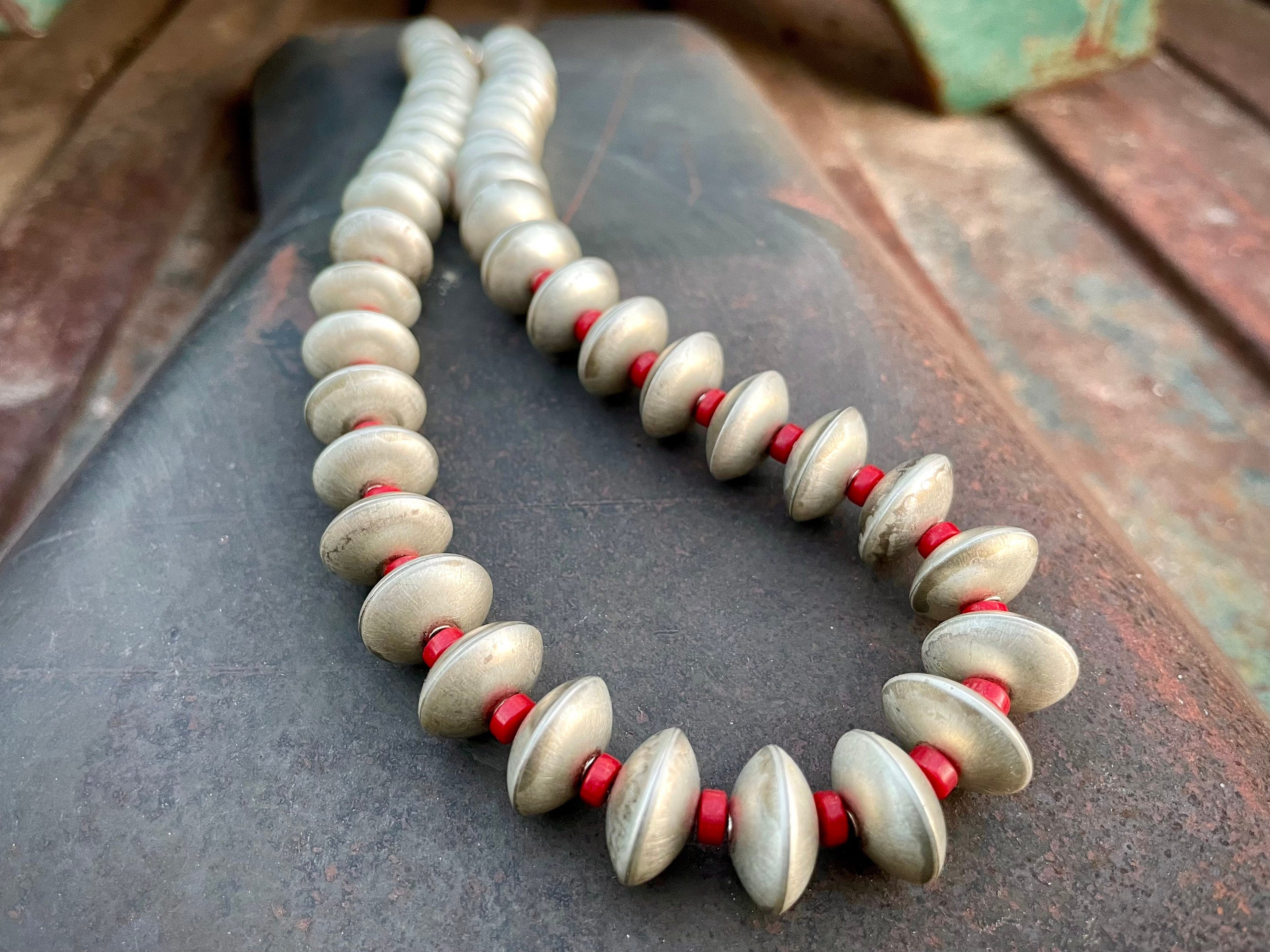 104g Brushed Silver Navajo Pearls Necklace 22 w/ Coral Beads, Saucer ...