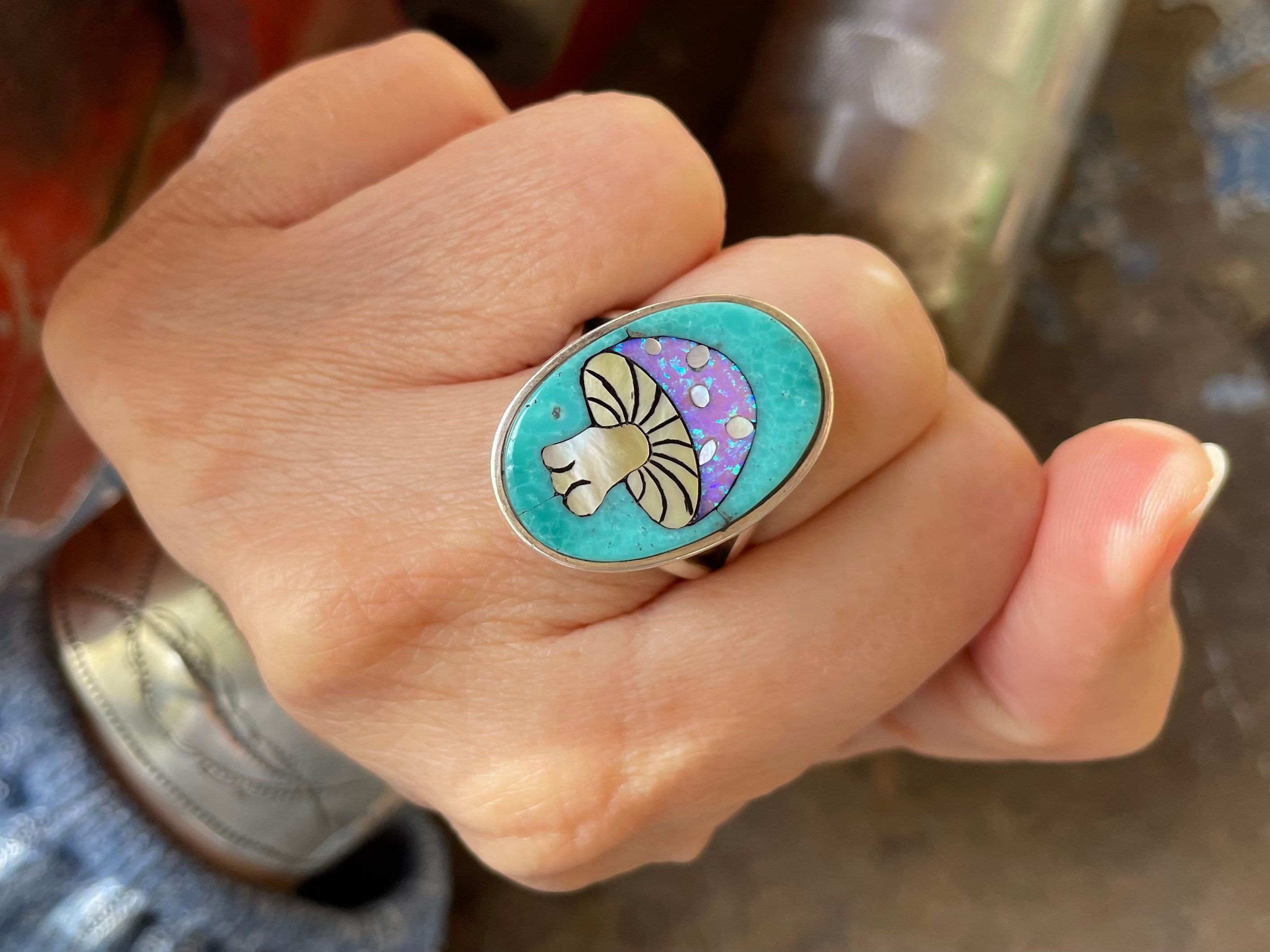 Size 10.5 Inlaid Sterling Silver Mushroom Ring w/ Turquoise Purple ...