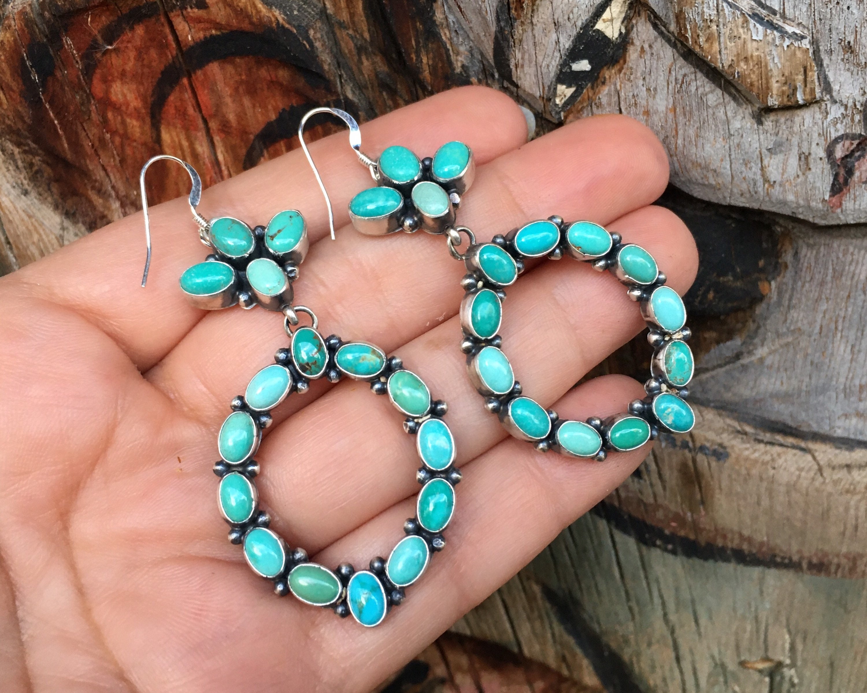 Turquoise Cluster Hoop Earrings for Women, Navajo Native American ...