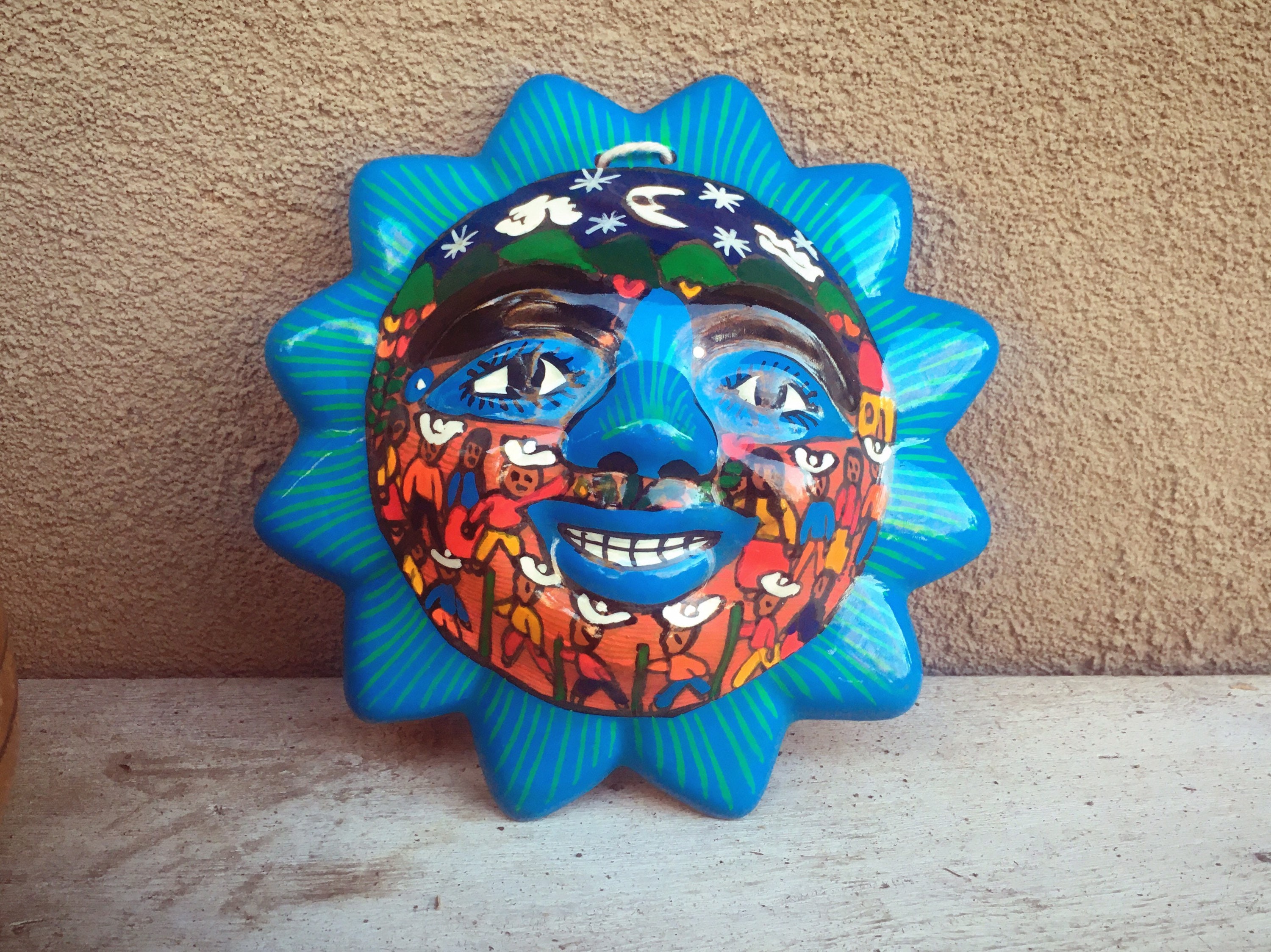 Colorful Blue Sun Face Guerrero Pottery Wall Hanging, Mexican Folk Art ...