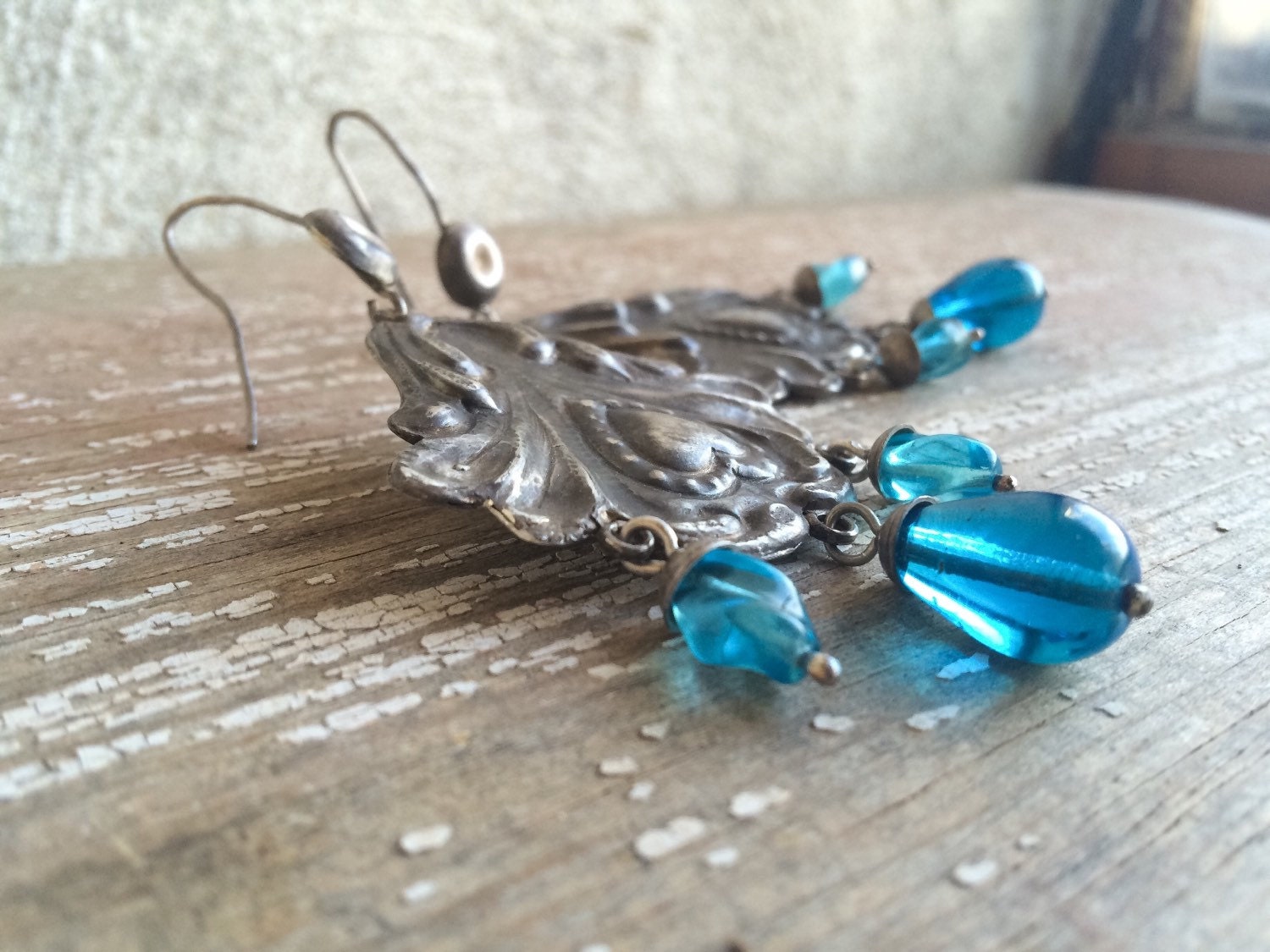 Large vintage Ecuador coin silver earrings with blue glass beads ...