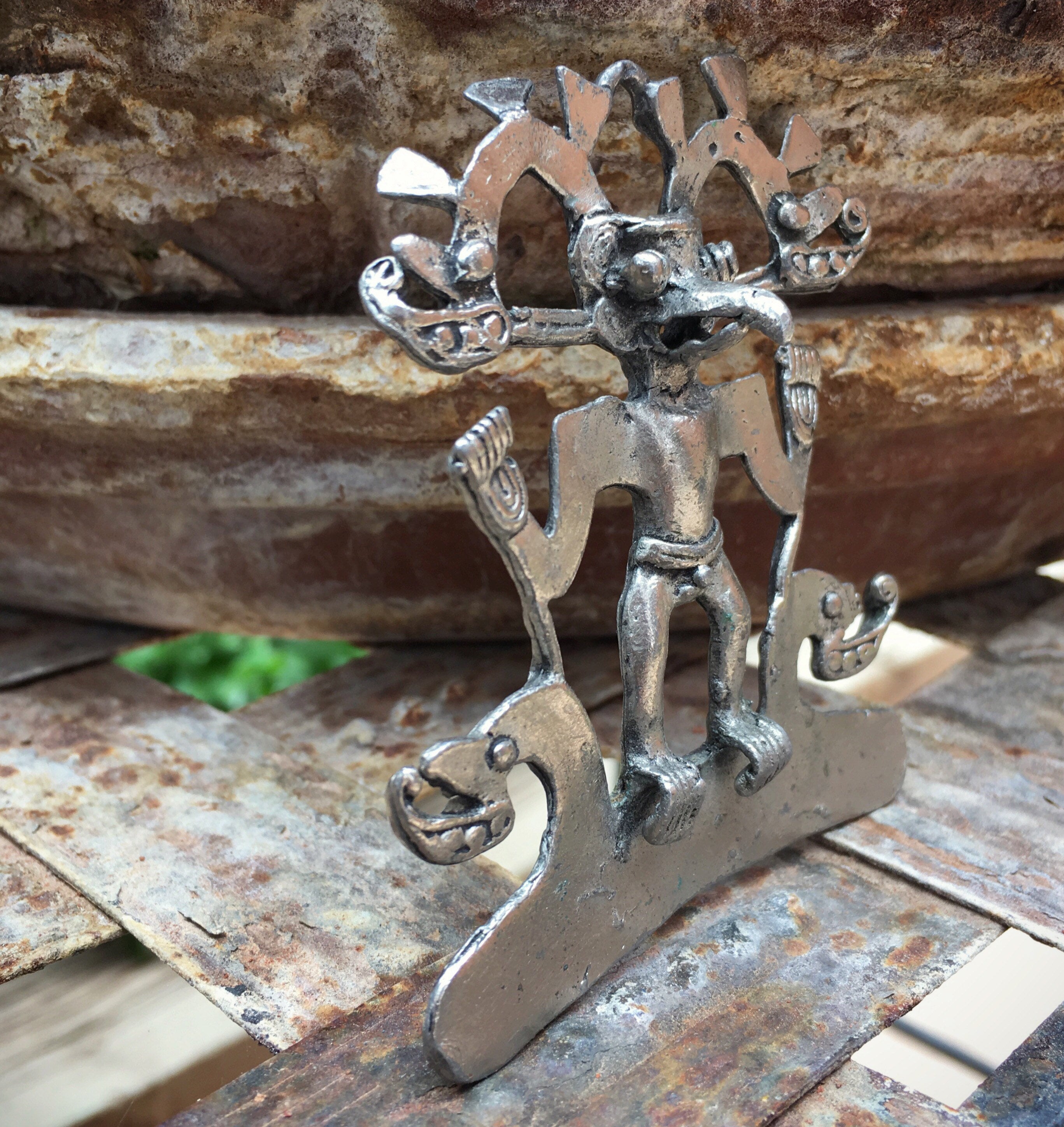 Large 1980s Silver Tone Pendant Aztec Warrior Costume Statement Jewelry ...