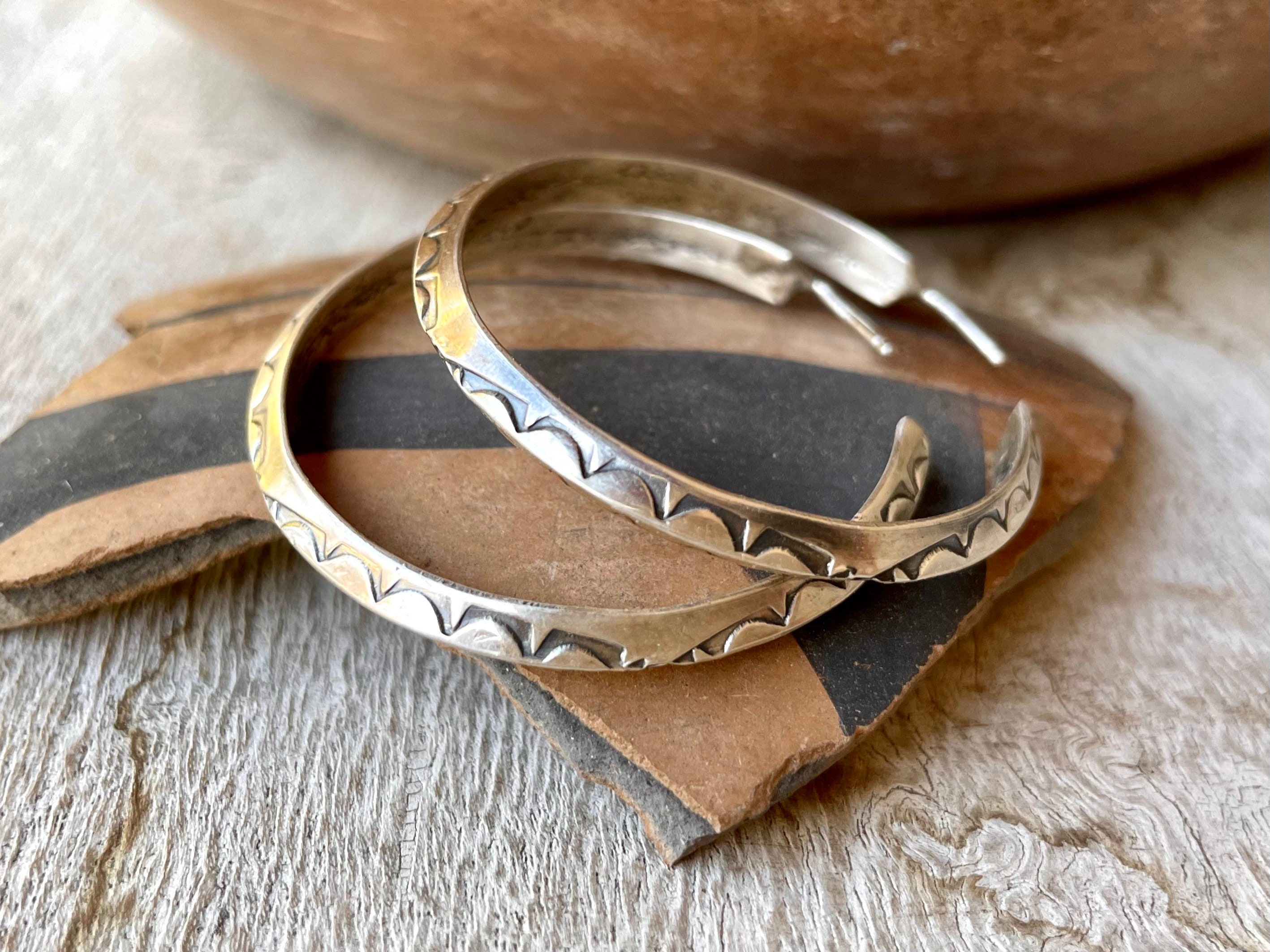 Stamped Sterling Silver Hoop Earrings by Navajo Ben Tahe, Medium Size ...