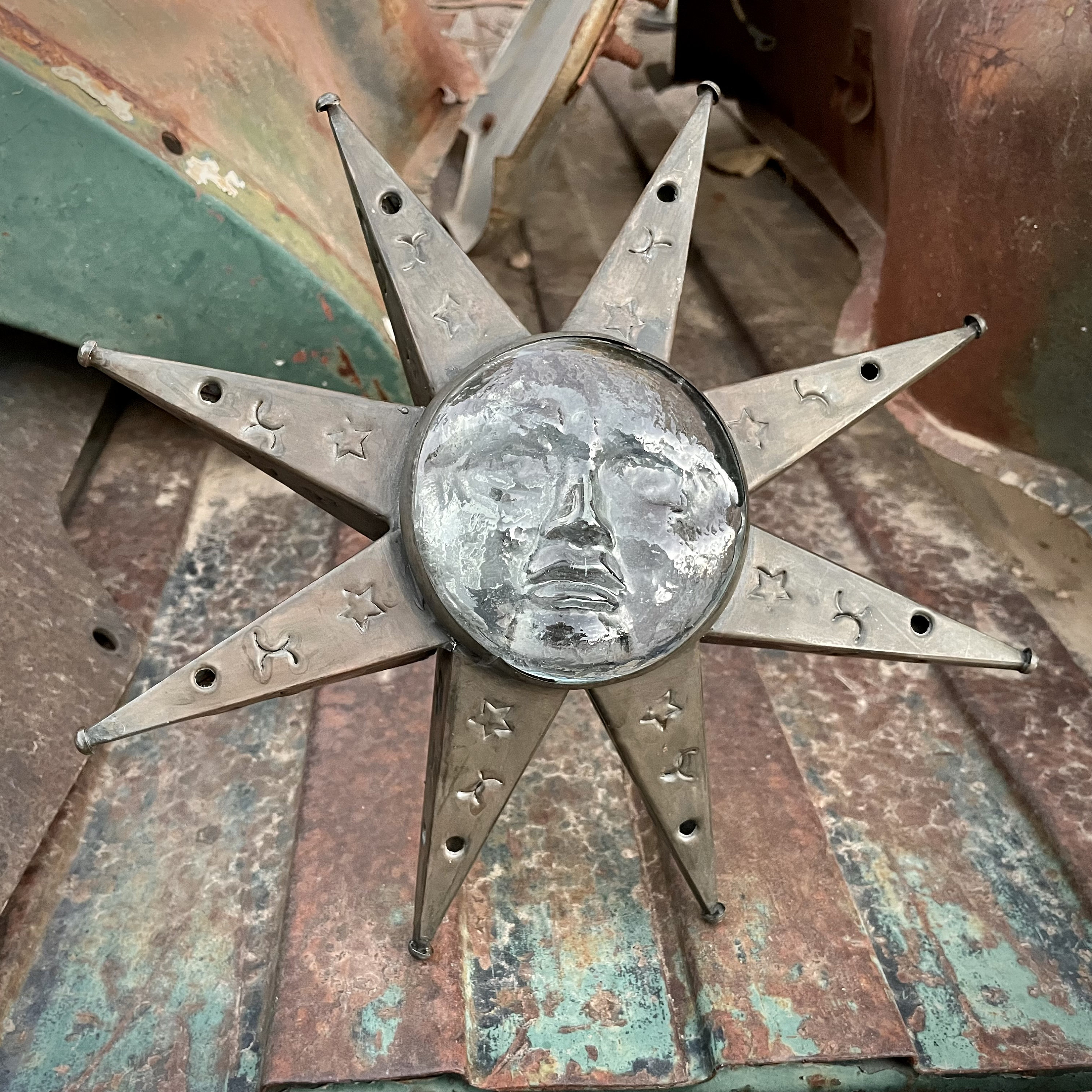 Vintage Rustic Metal Glass Sun Face Candle Holder, Sunburst Votive ...