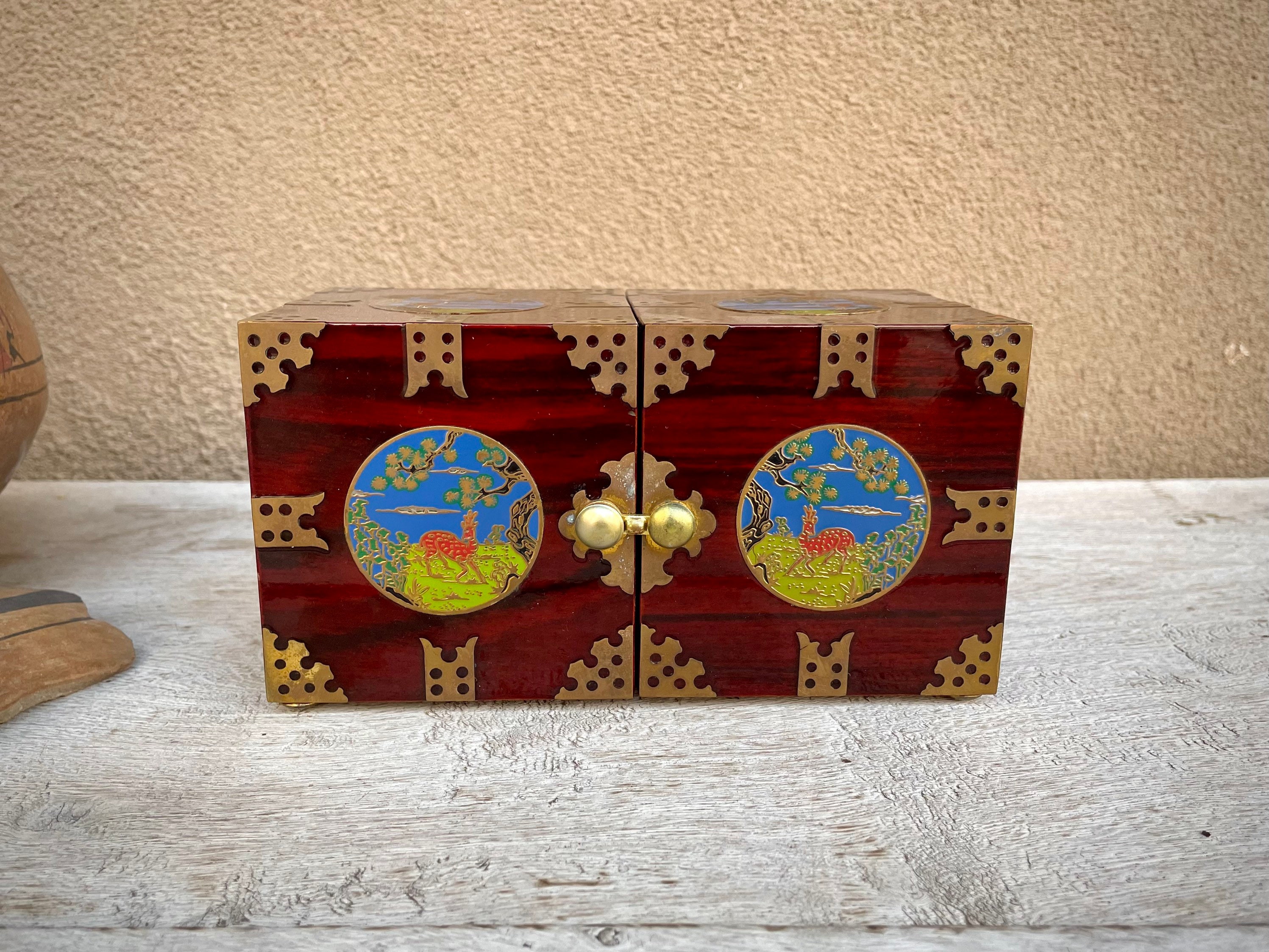 Medium Small Vintage Chinese Puzzle Box of Wood and Brass Metal, Four ...