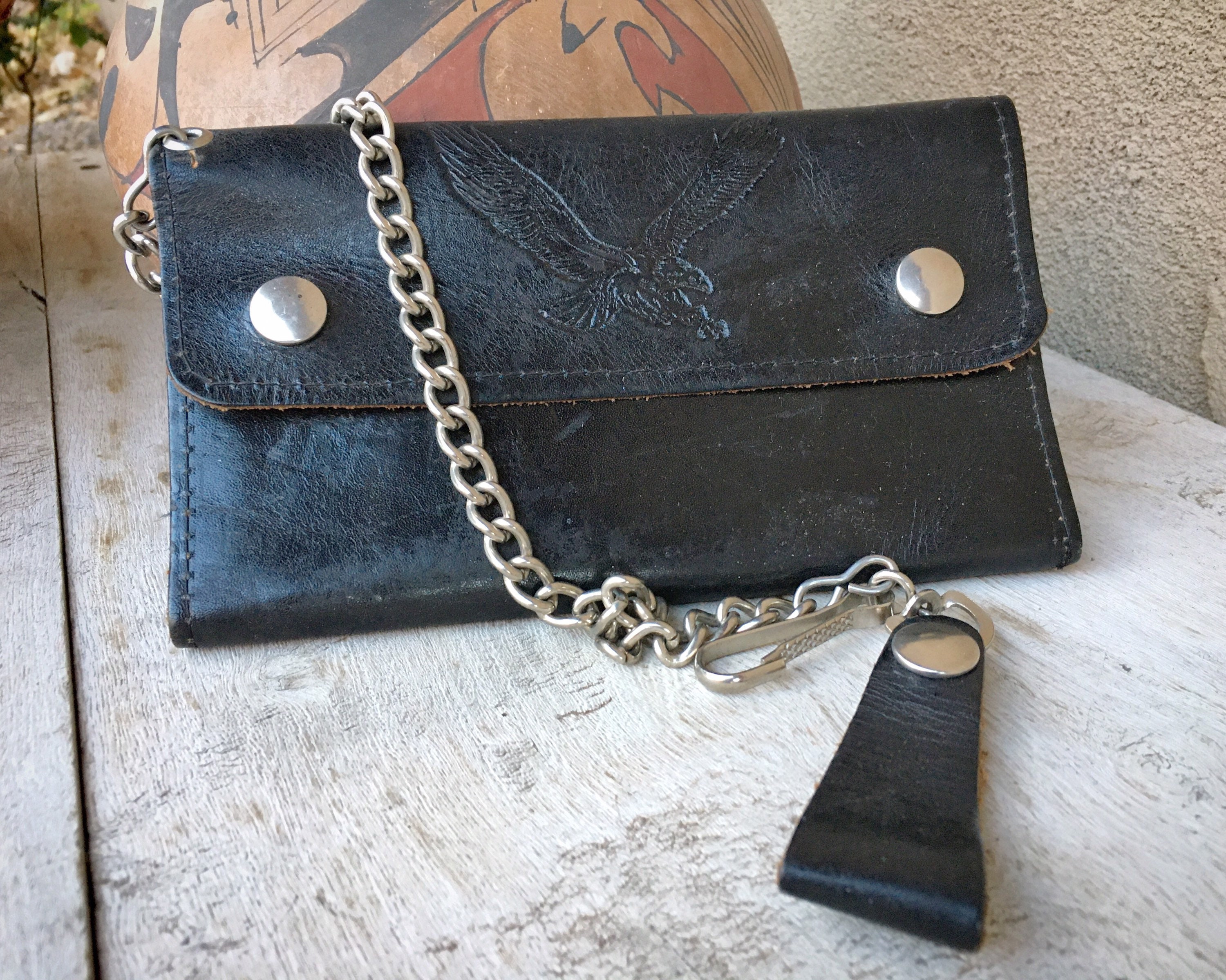 Fold Over Tri-Fold Men's Chain Wallet Black Leather Embossed Eagle Key ...