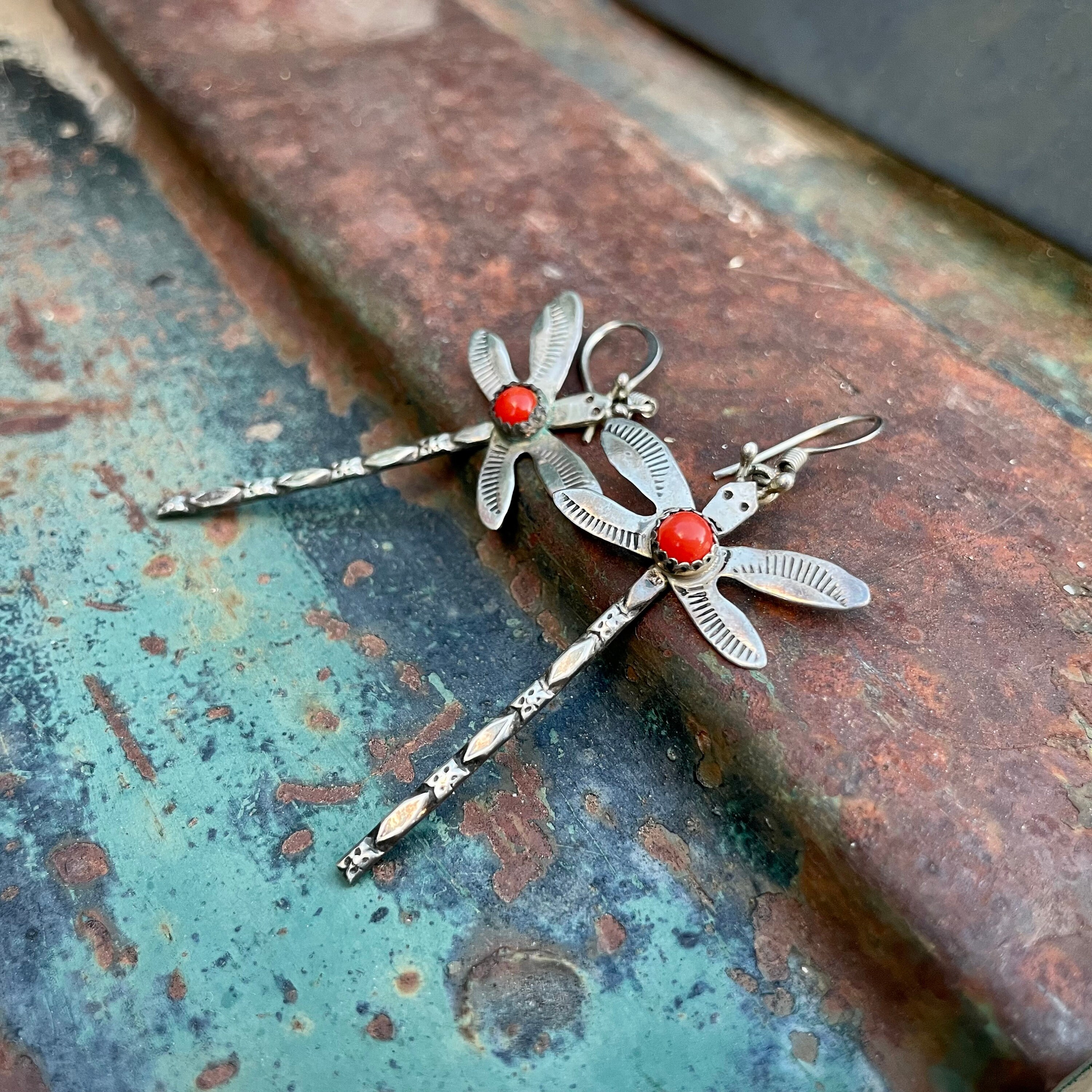 RESERVED / Thin and Light Sterling Silver Red Coral Dragonfly Earrings ...