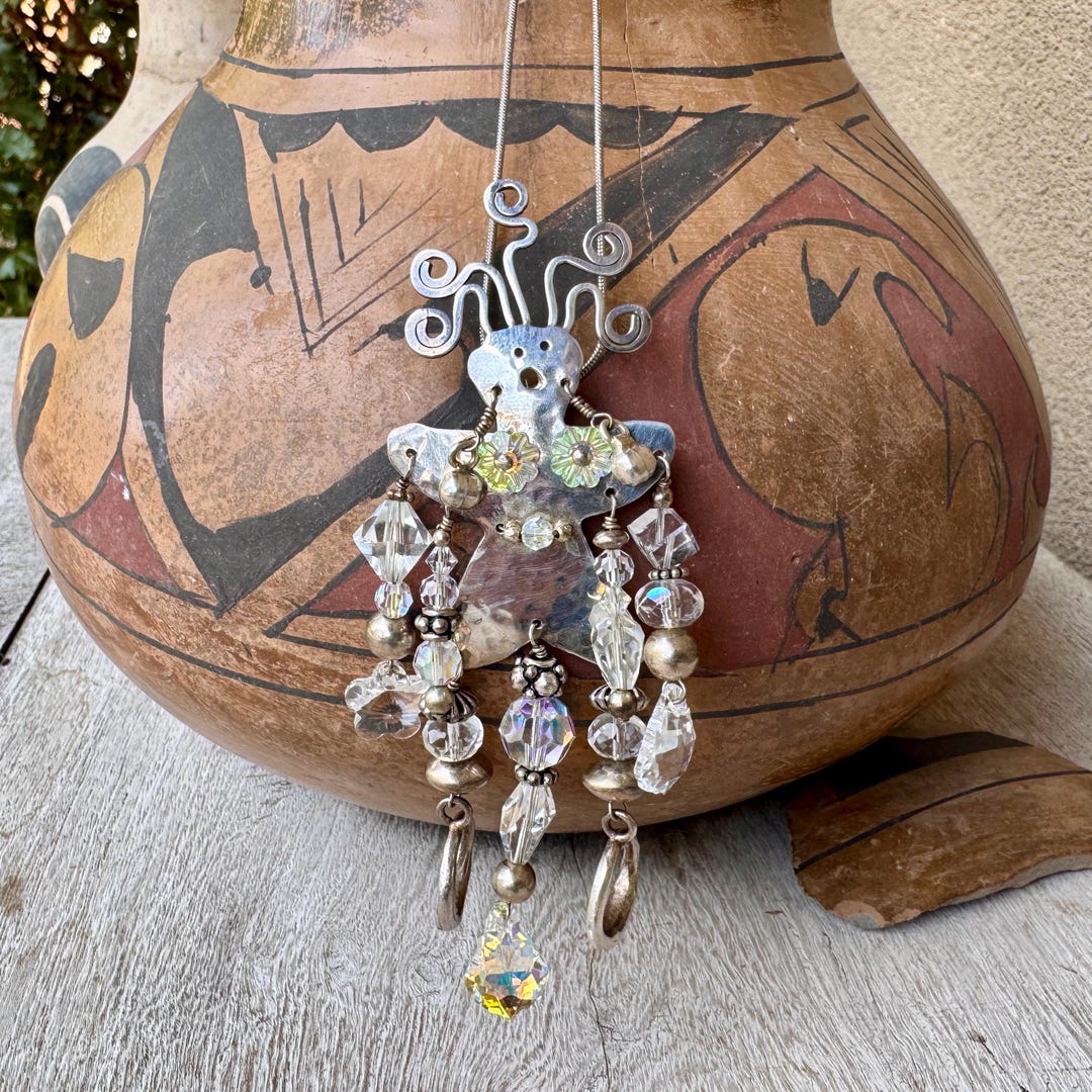 1980s Artisan Sterling Silver Lady Pendant Necklace With Beads ...