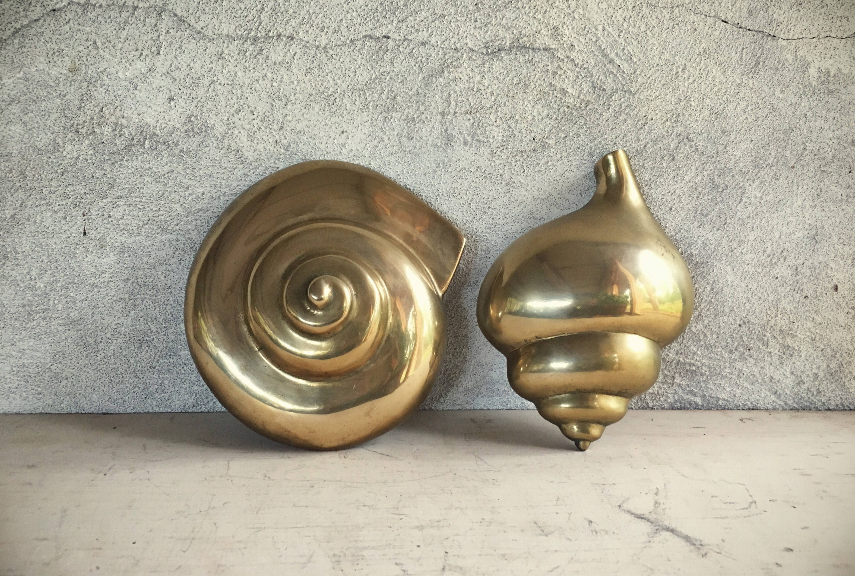 Pair of Midcentury Modern brass sea shell wall hangings nautical decor ...