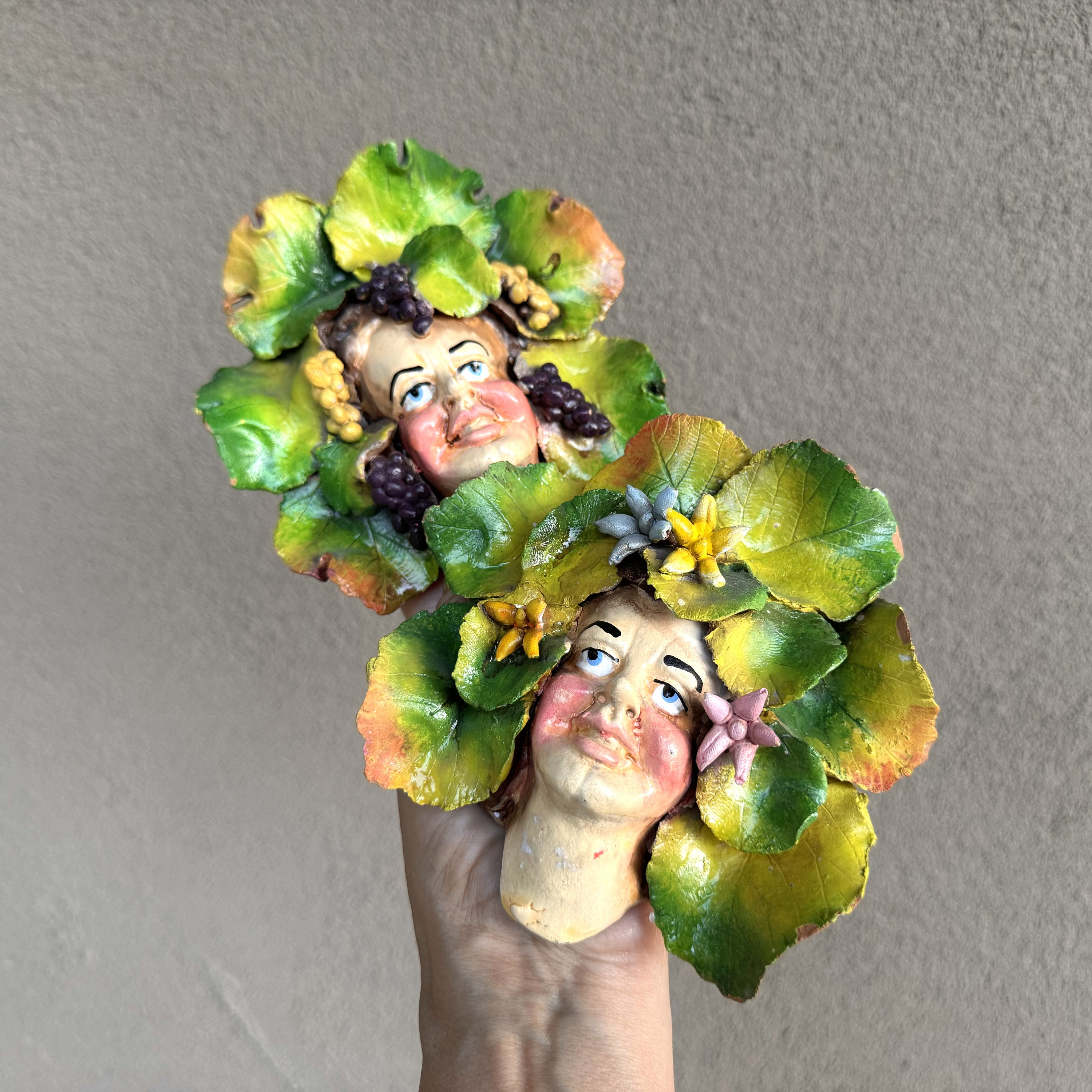 Two Vintage Italian Art Pottery Wall Hangings of Nature Nymph Lady Face ...