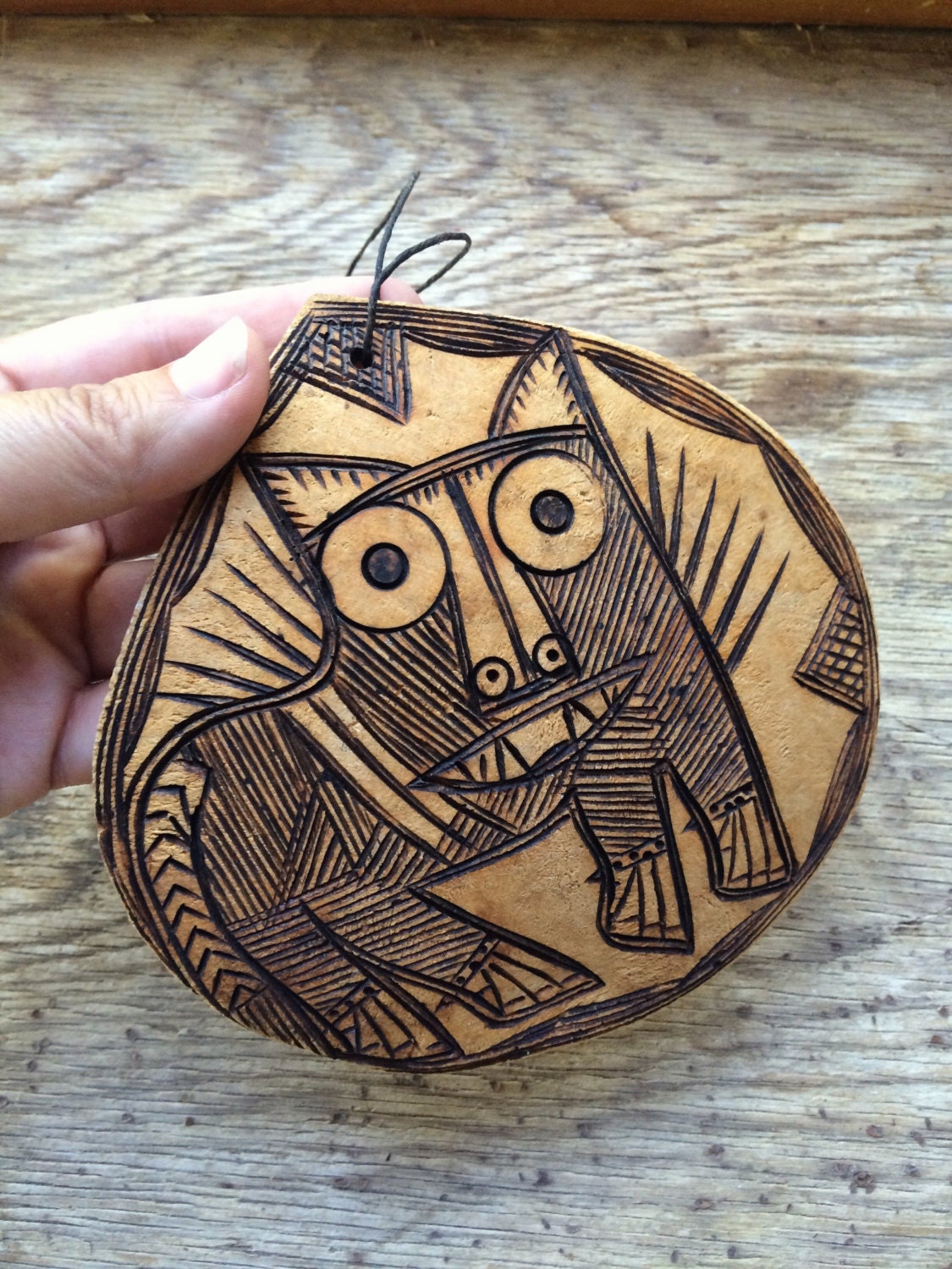 Vintage cat art etching on coconut shell, coconut shell art, cat wall ...