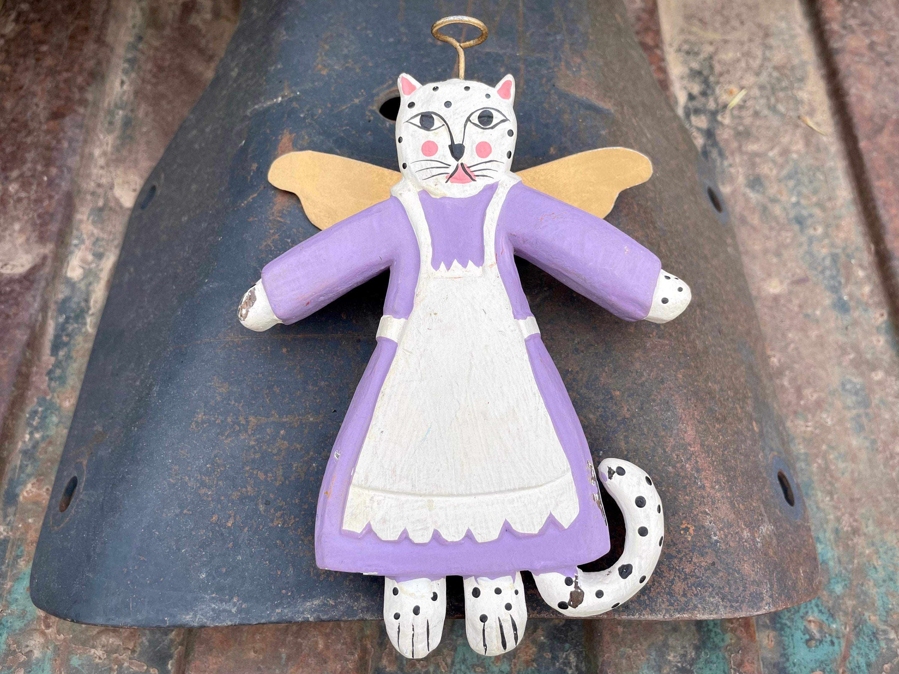 Small Distressed Bali Folk Art Painted Wood Spotted Cat Angel with ...