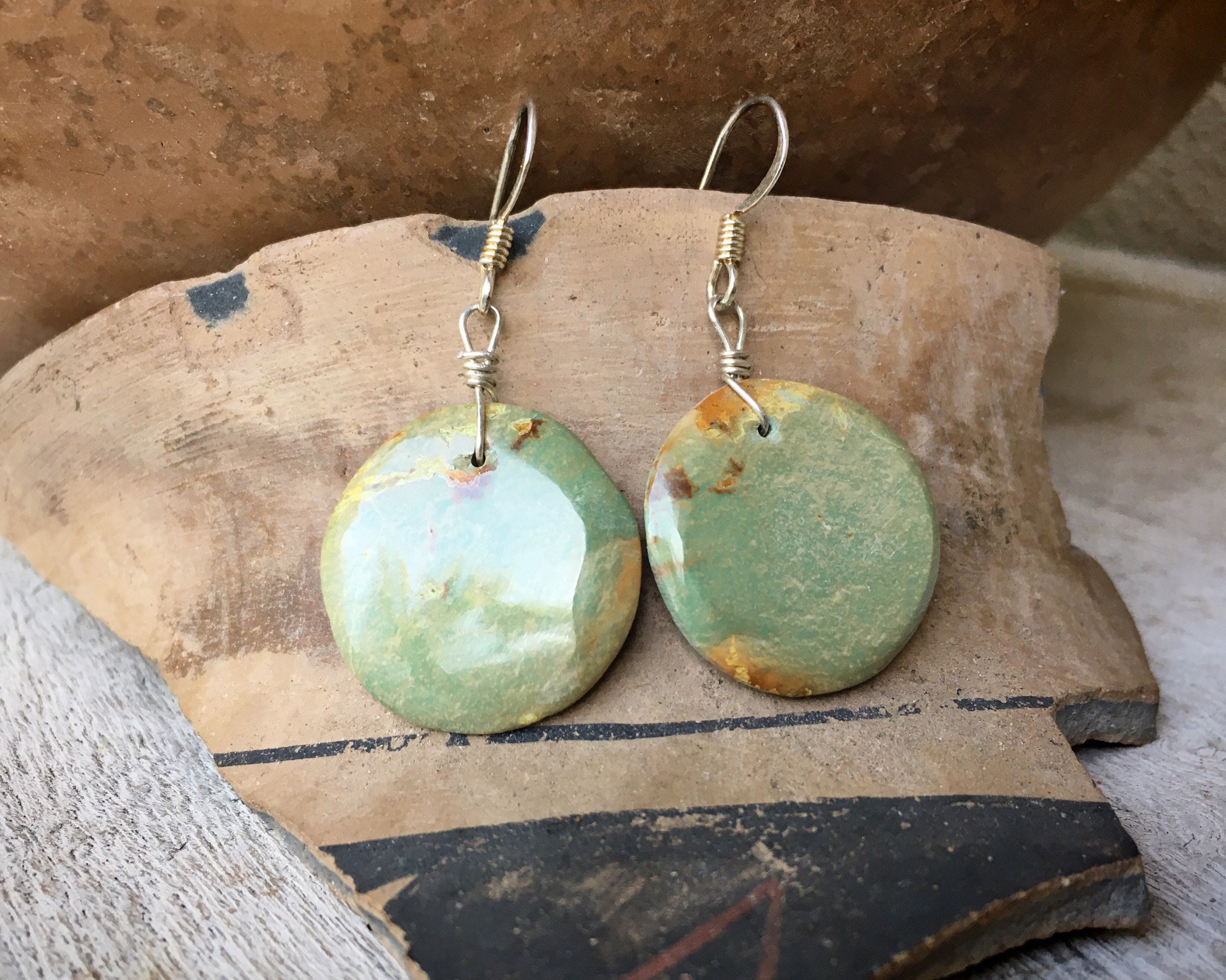 Green Turquoise Slab Earrings Round Medium-Small Size, Southwestern ...