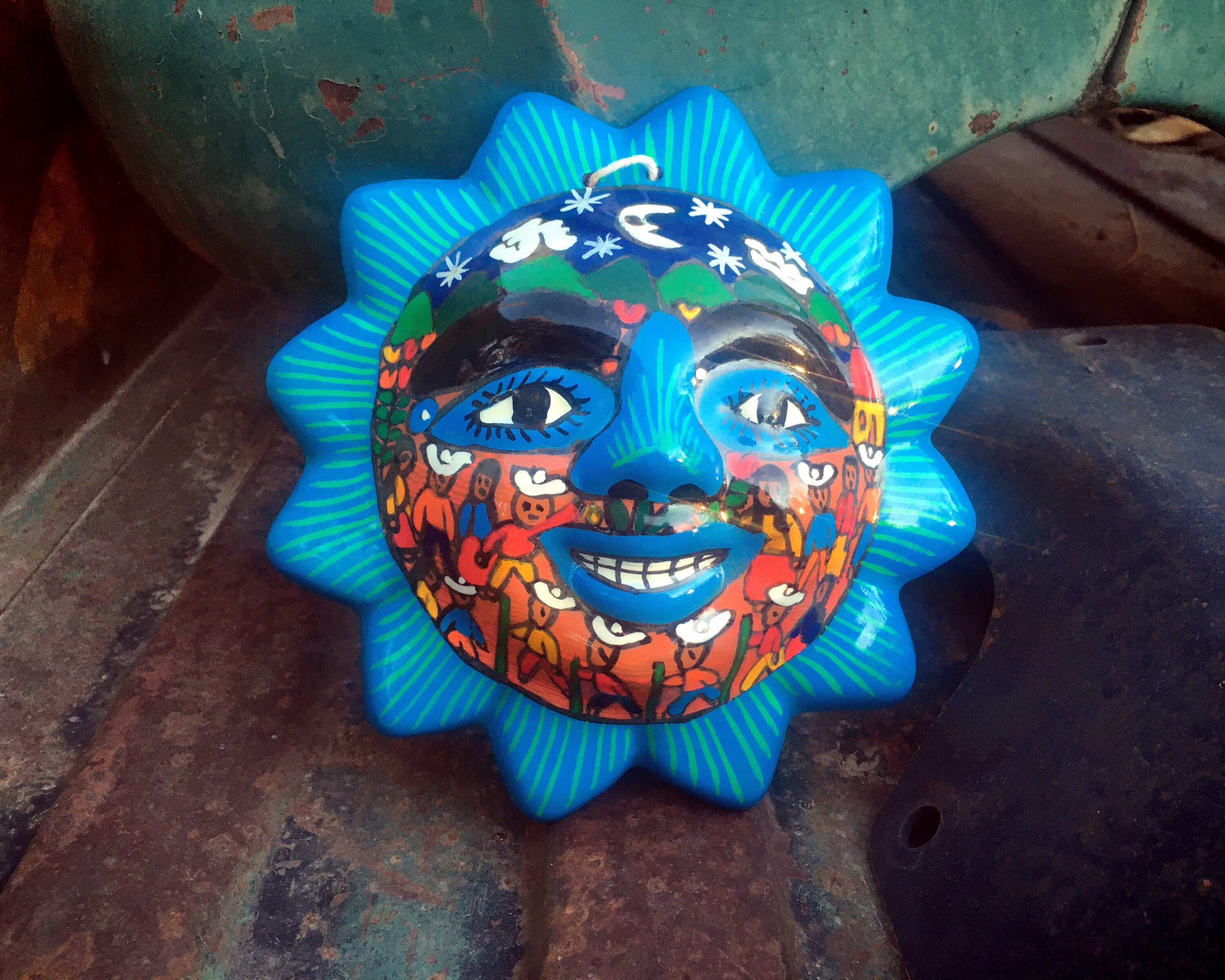 Colorful Blue Sun Face Guerrero Pottery Wall Hanging, Mexican Folk Art ...