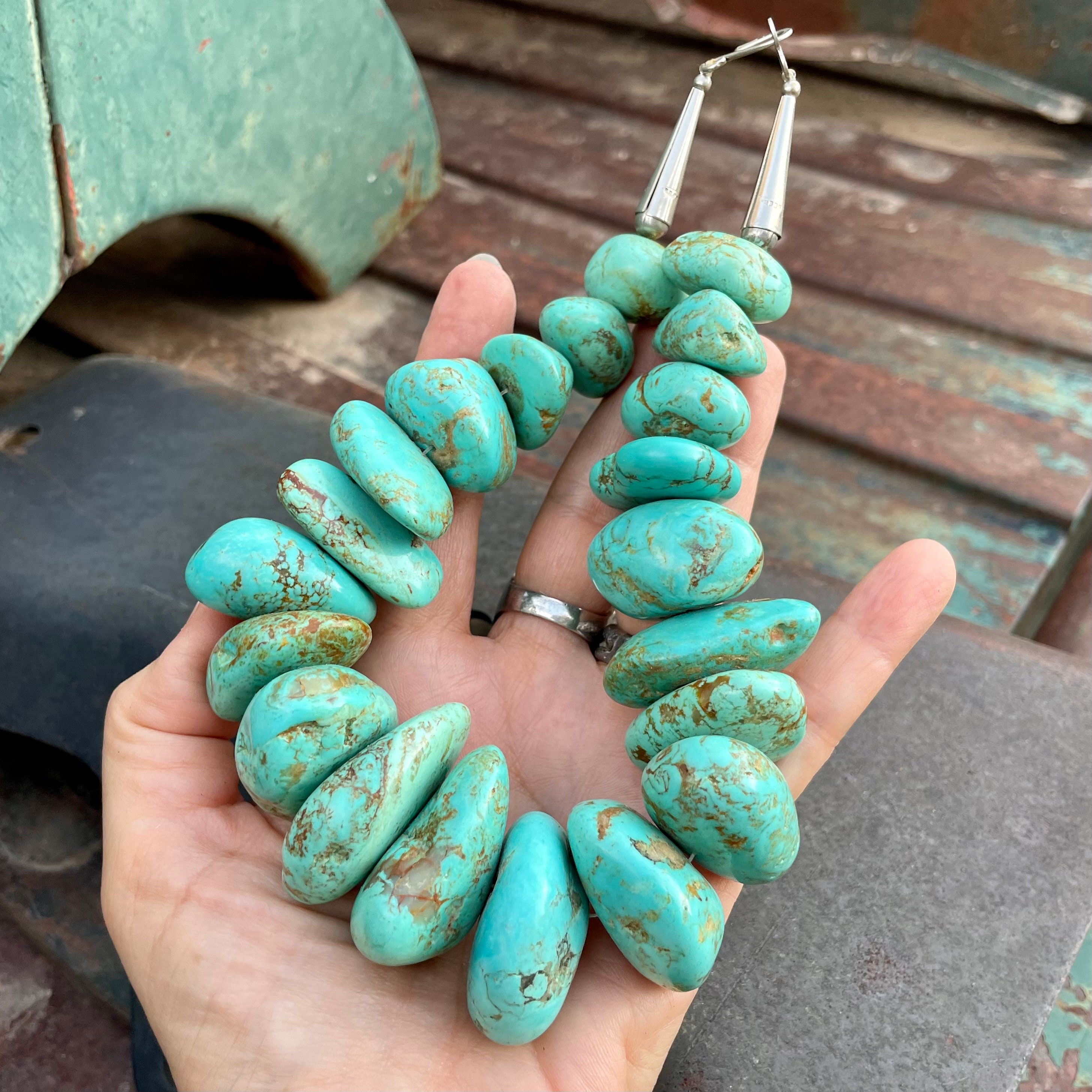 270g Vintage Turquoise HUGE Nugget Choker Necklace Approx 15, Silver ...