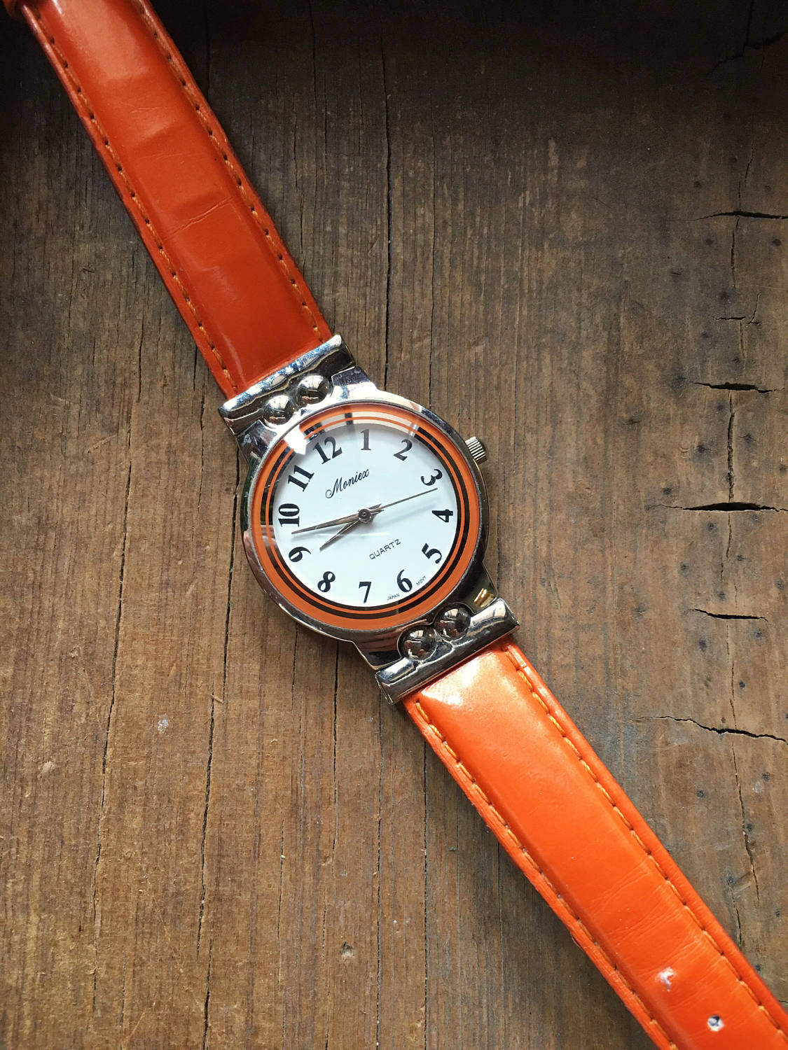 Uncommon vintage Moniex watch with original orange leather band, women ...