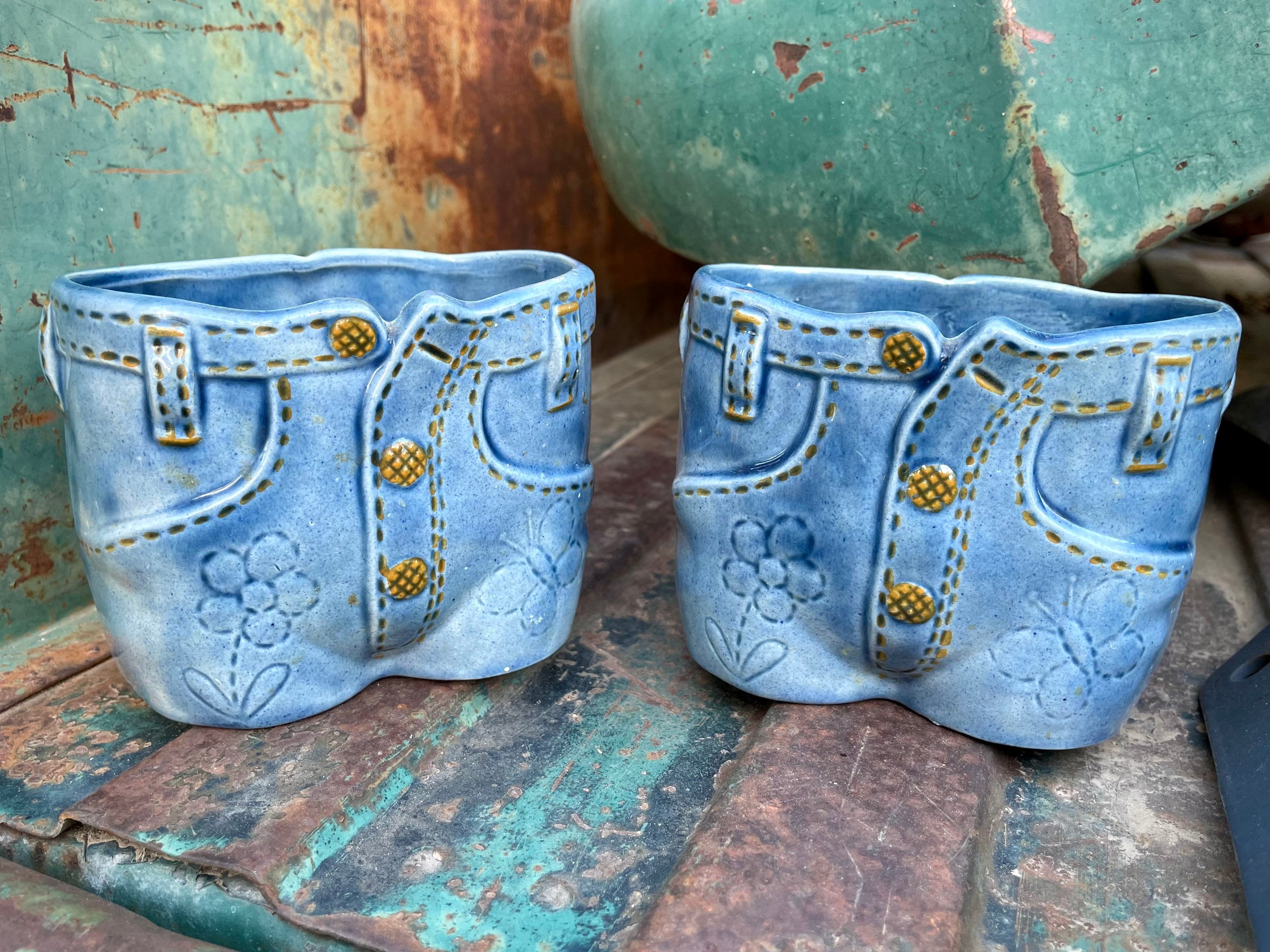 Pair of 1970s Denim Jean Ceramic Planter Vase or Pencil Holders, Retro ...