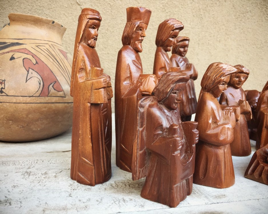 Vintage Hand Carved Wood 16 Pieces Christmas Nativity Set Baby Jesus ...