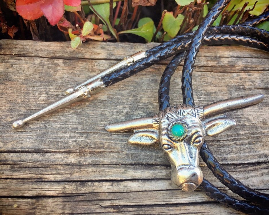 Vintage Steer Bolo Tie for Men or Women Pewter Faux Turquoise, Retro ...