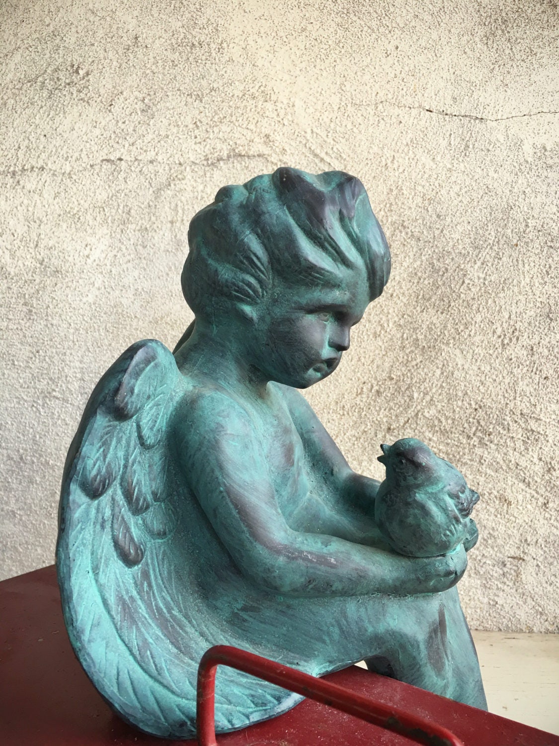Vintage angel statue, teal cherub statue with bird, Easter angel decor ...
