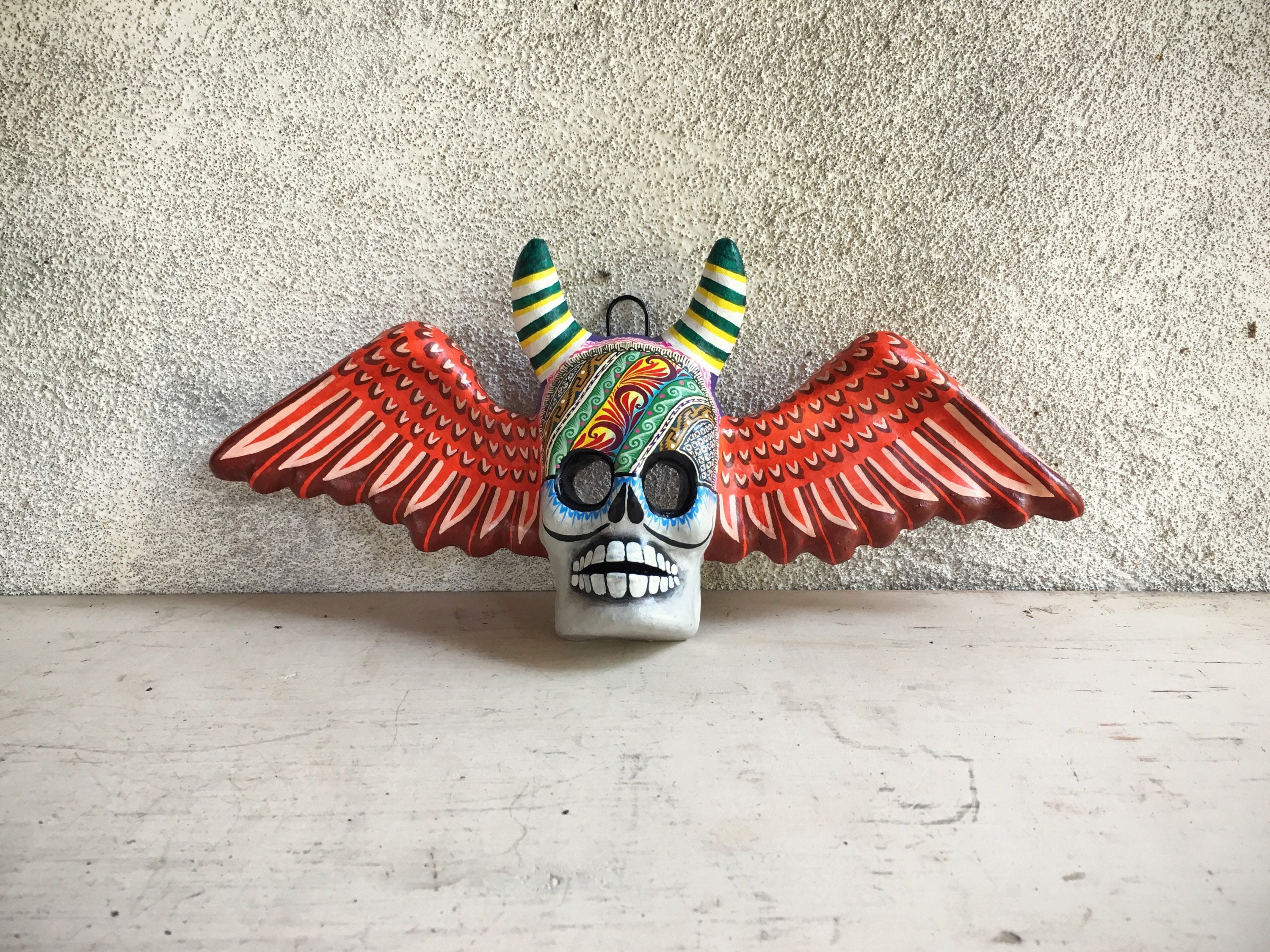 Vintage ceramic Day of the Dead skull wall hanging Oaxaca pottery folk art