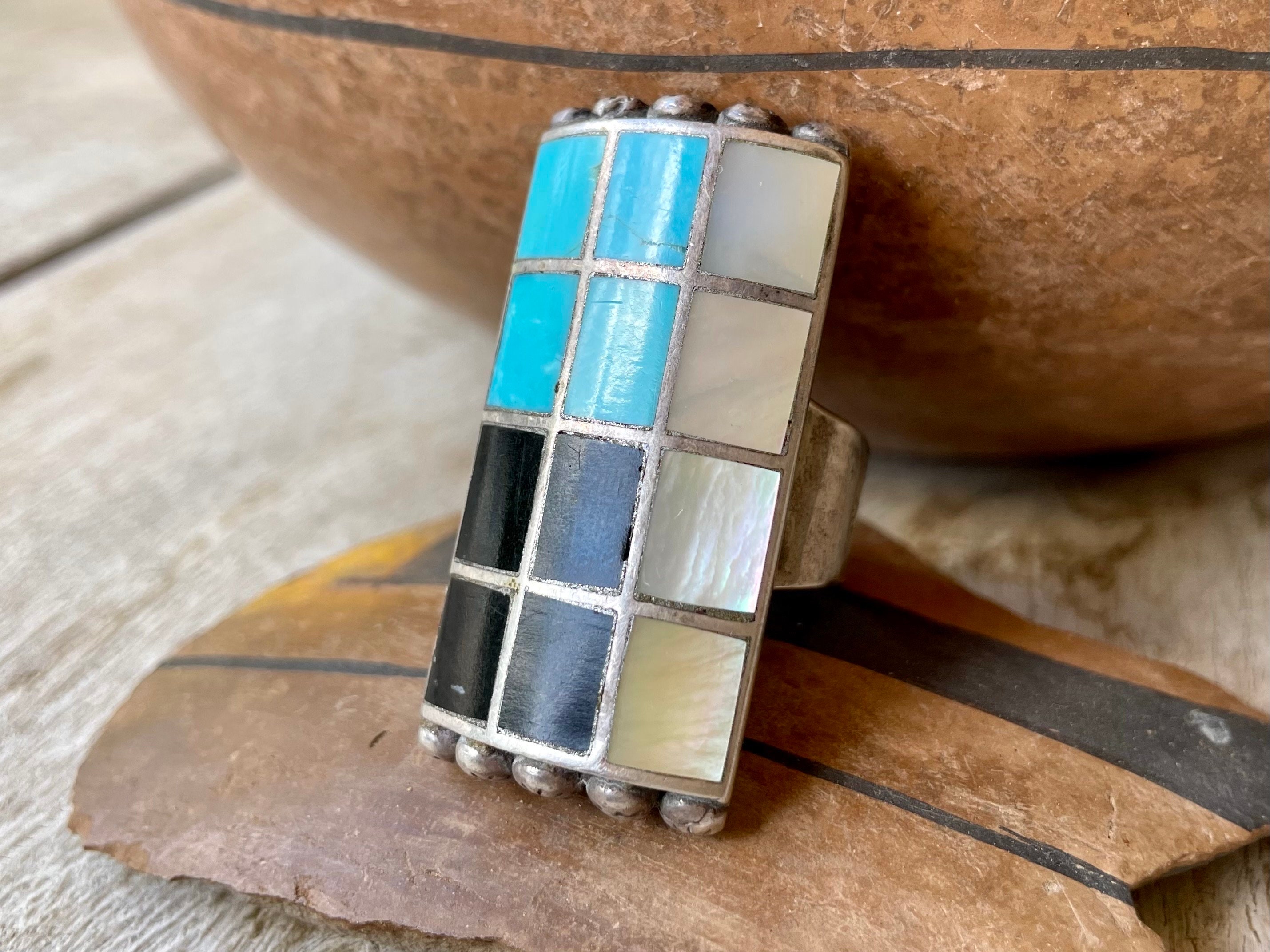 Vintage Heavy Large Turquoise Onyx Mother of Pearl Inlay Ring Size 11 ...