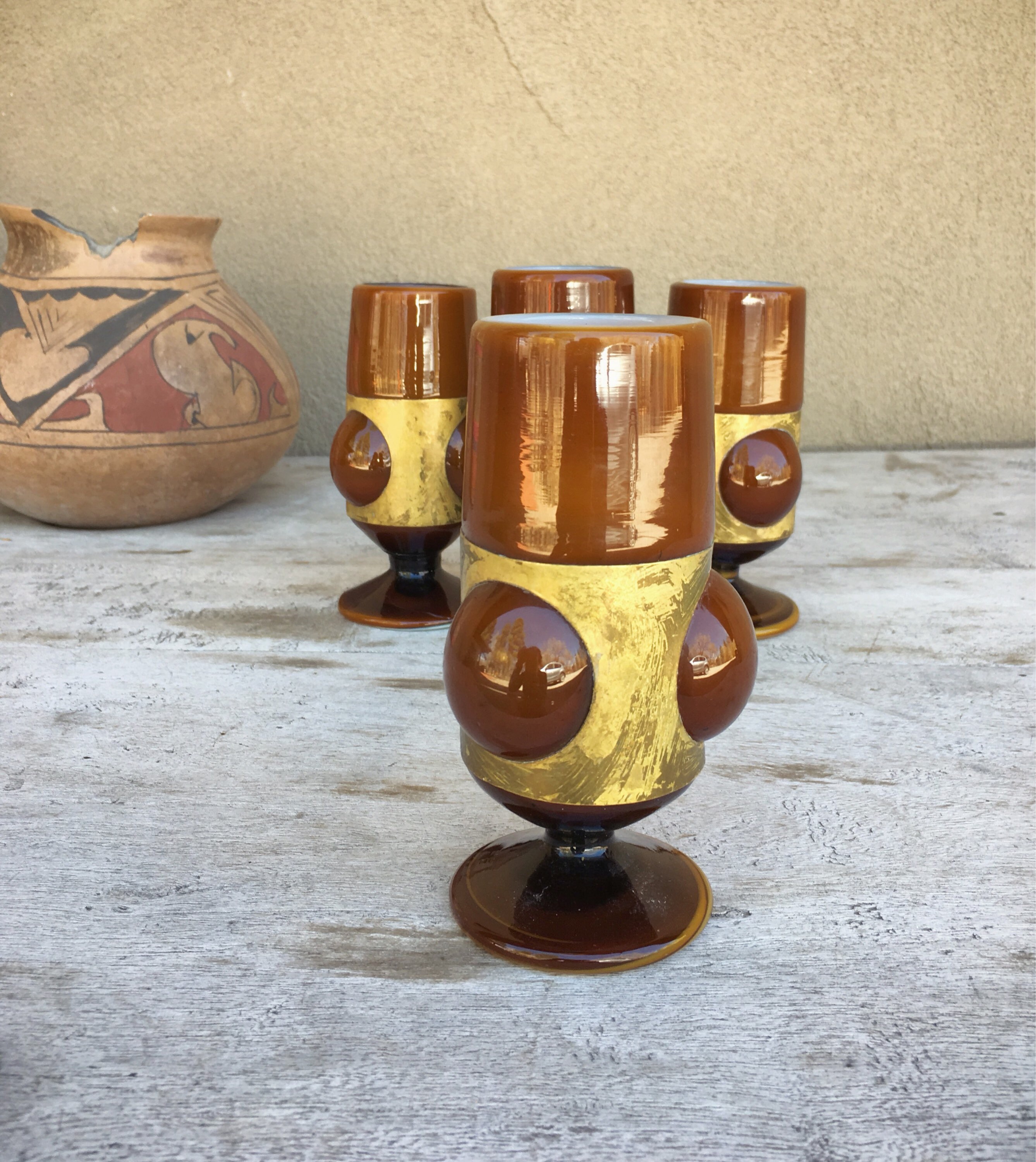 Set of Four Hand Blown Caged Glasses Mexican Glassware, Brutalist ...