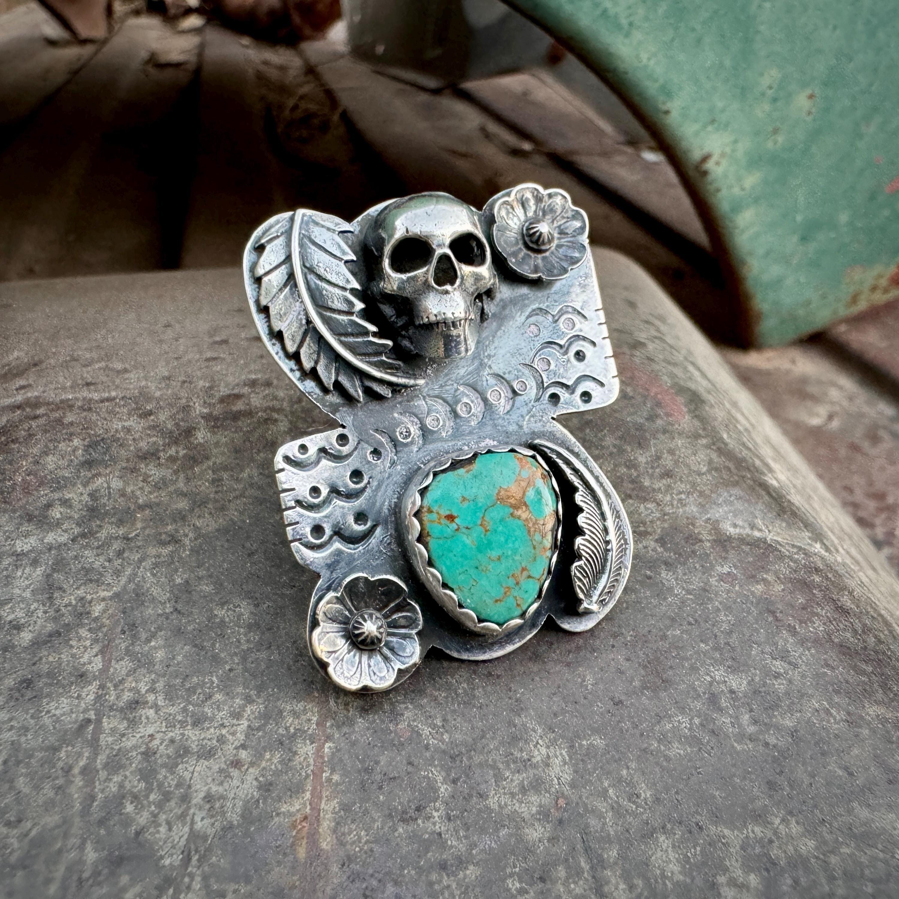 Large Boxy Sterling Silver Turquoise Skull Ring Size 8, Native American ...